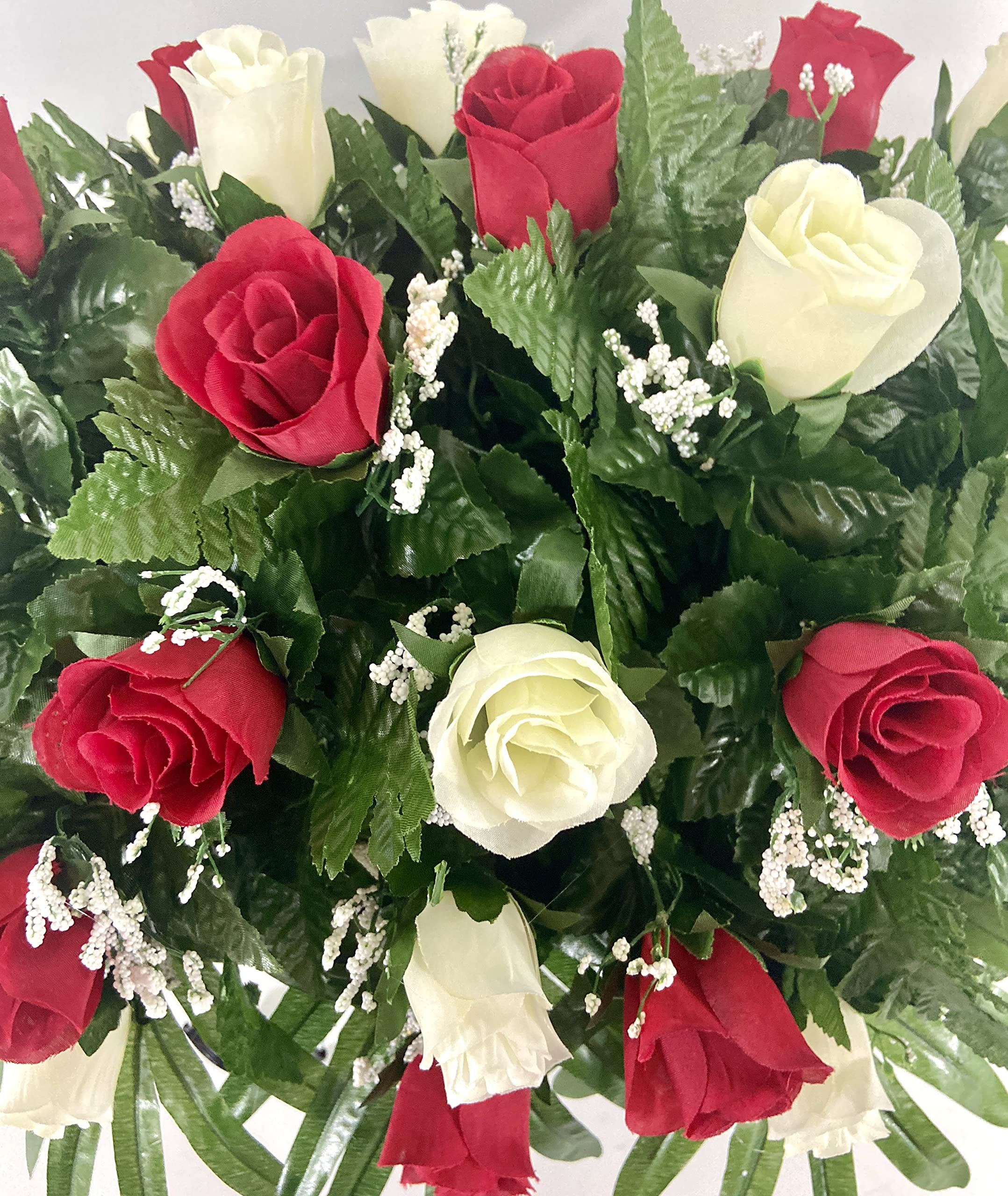 Cemetery Headstone Saddle Flower Arrangement in Red and Cream Roses-Grave Marker Decoration, Sympathy Flowers