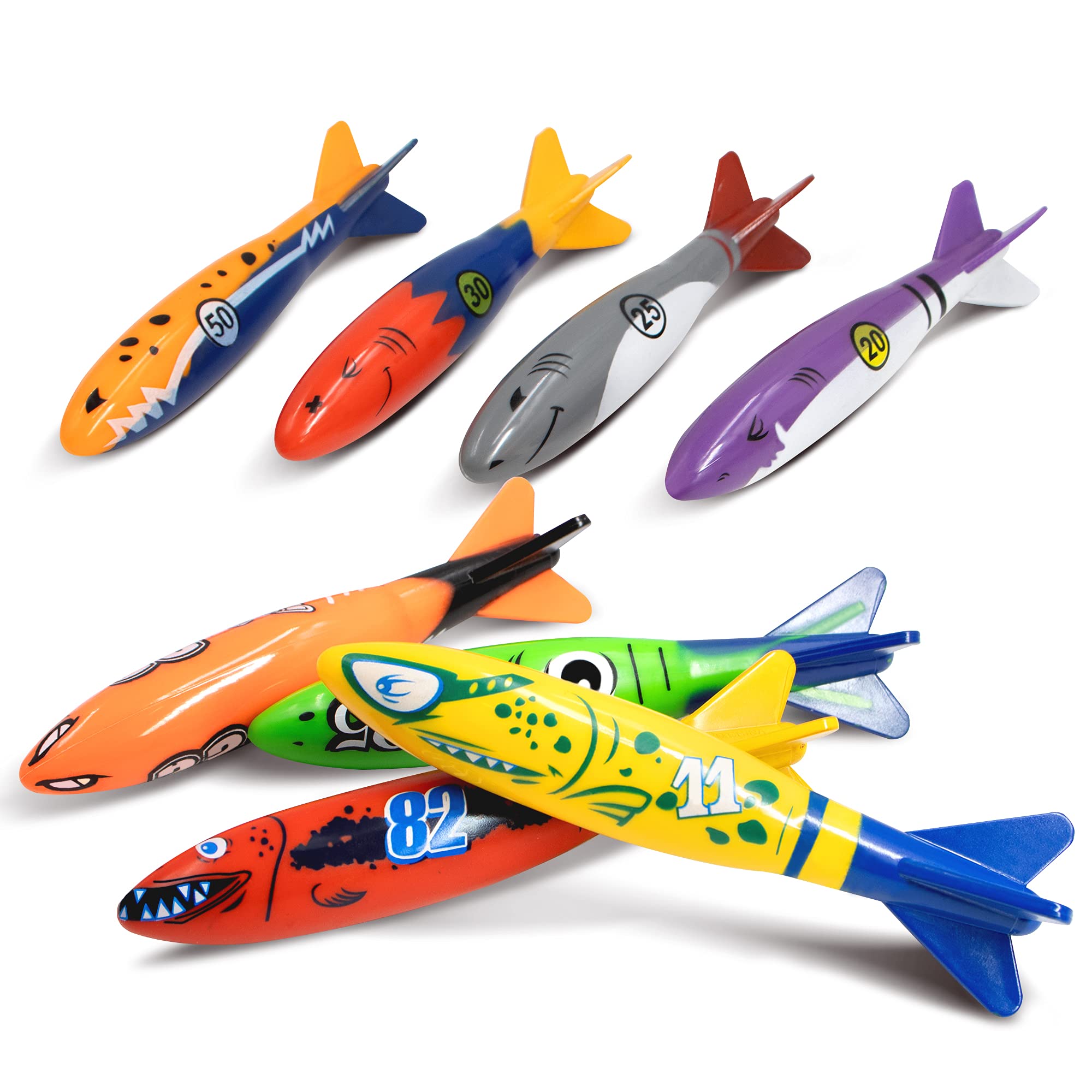 Novelty Place 8 Pack Torpedo Bandits Diving Toy Rockets - Swimming Pool Underwater Game for Kids and Adults - Shark Design 8 Colors