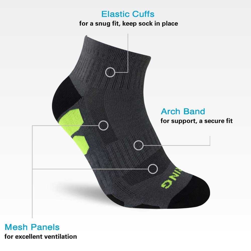 BERING Men's Performance Athletic Ankle Running Socks, Carbon Gray, Size 9-12, 6 Pairs