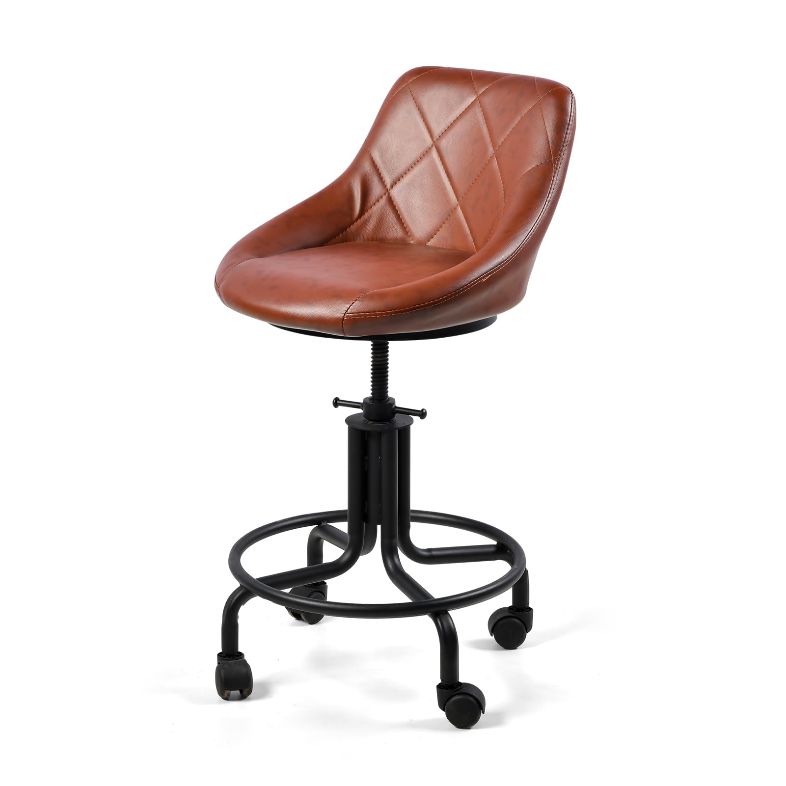 BOKKOLIK Industrial Office Chair with Backrest on Wheels Vintage Rolling Shop Stools with Wheels for Garage Swivel PU Seat Drafting Stool for Workbench 19.7-23.6inch Height Adjustable Bar Stool