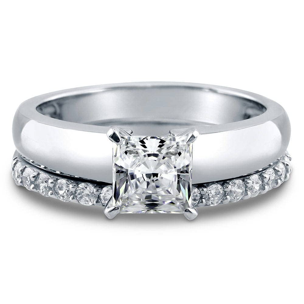 BERRICLE Sterling Silver Solitaire Wedding Engagement Rings 1.2 Carat Princess Cut Cubic Zirconia CZ Ring Set for Women, Rhodium Plated Size 6