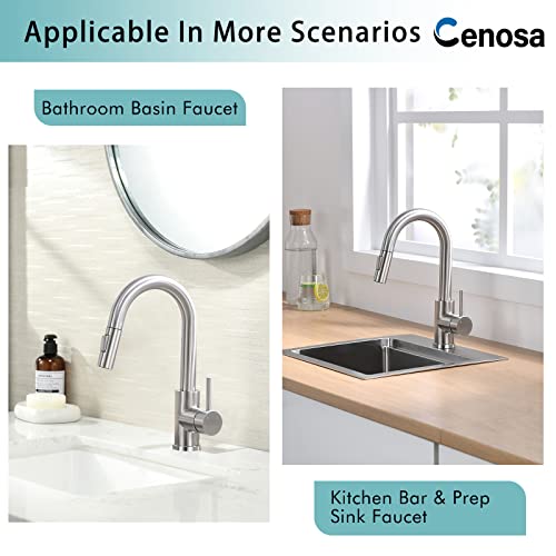 CENOSA Modern Bar Sink Faucet for Kitchen Sink Single Handle with Pull Out Sprayer Hot and Cold Prep Sink Faucet Brushed Nickel