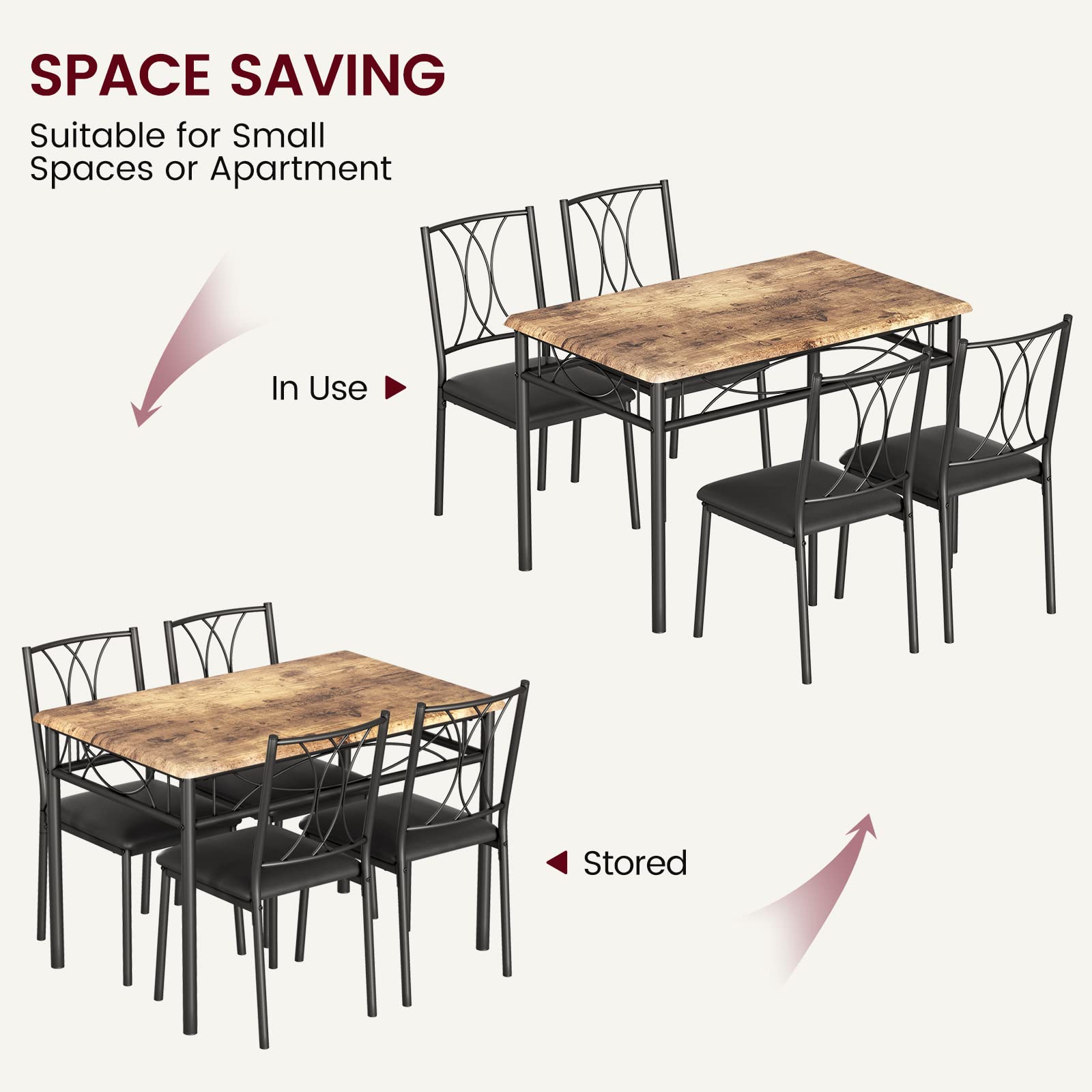 CABIHOME Dining Table Set, 5 Piece Dining Table Set for 4, Rectangle Kitchen Table Set with 4 Upholstered Chairs, Dining Table Set for Small Space, Apartment, Retro Brown