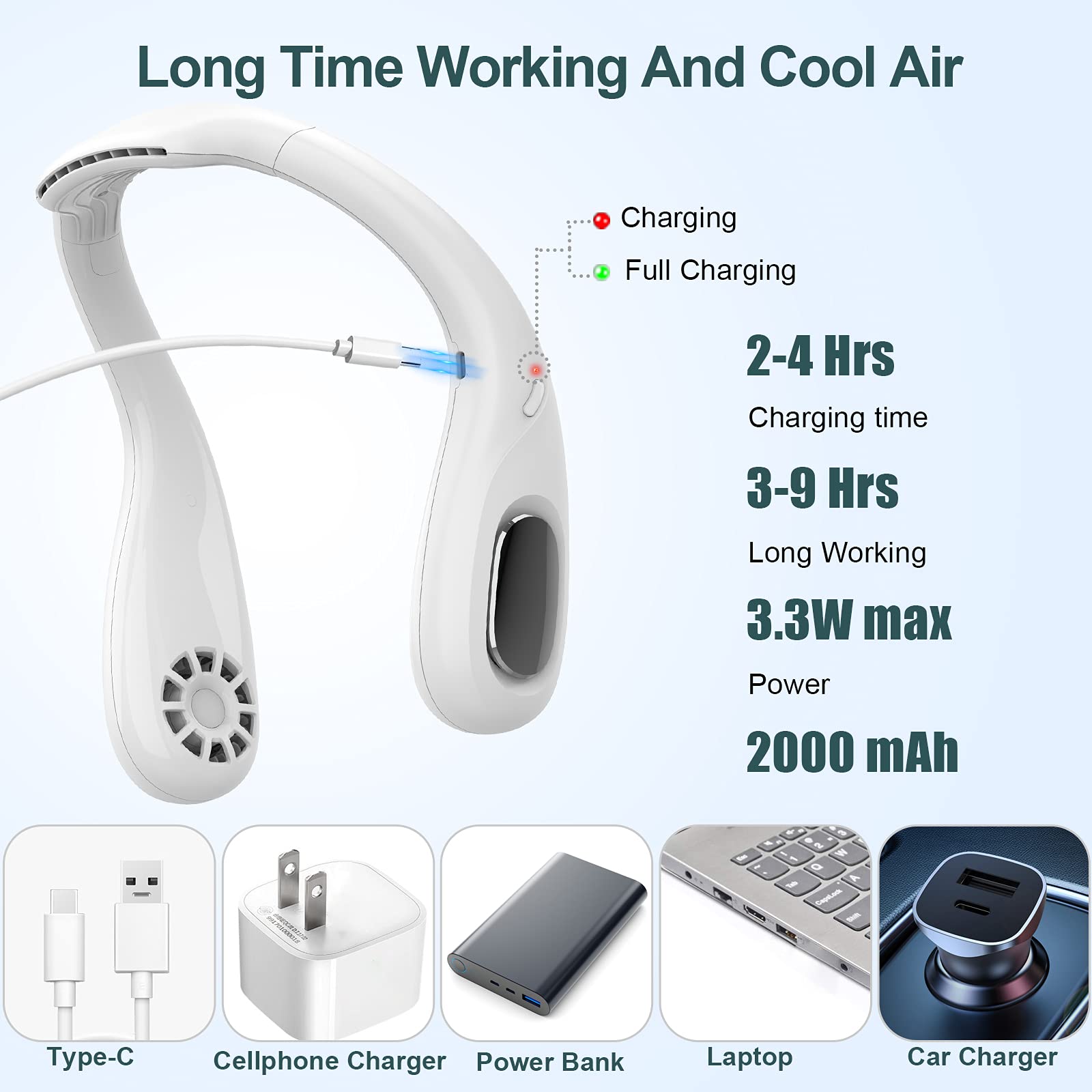 Bladeless Neck Fan, Portable fan Rechargeable, Hands-Free 360° Cooling Wearable Personal Fan, Quiet and Strong Wind, USB Powered Desk Fan, 3 Speeds (White)