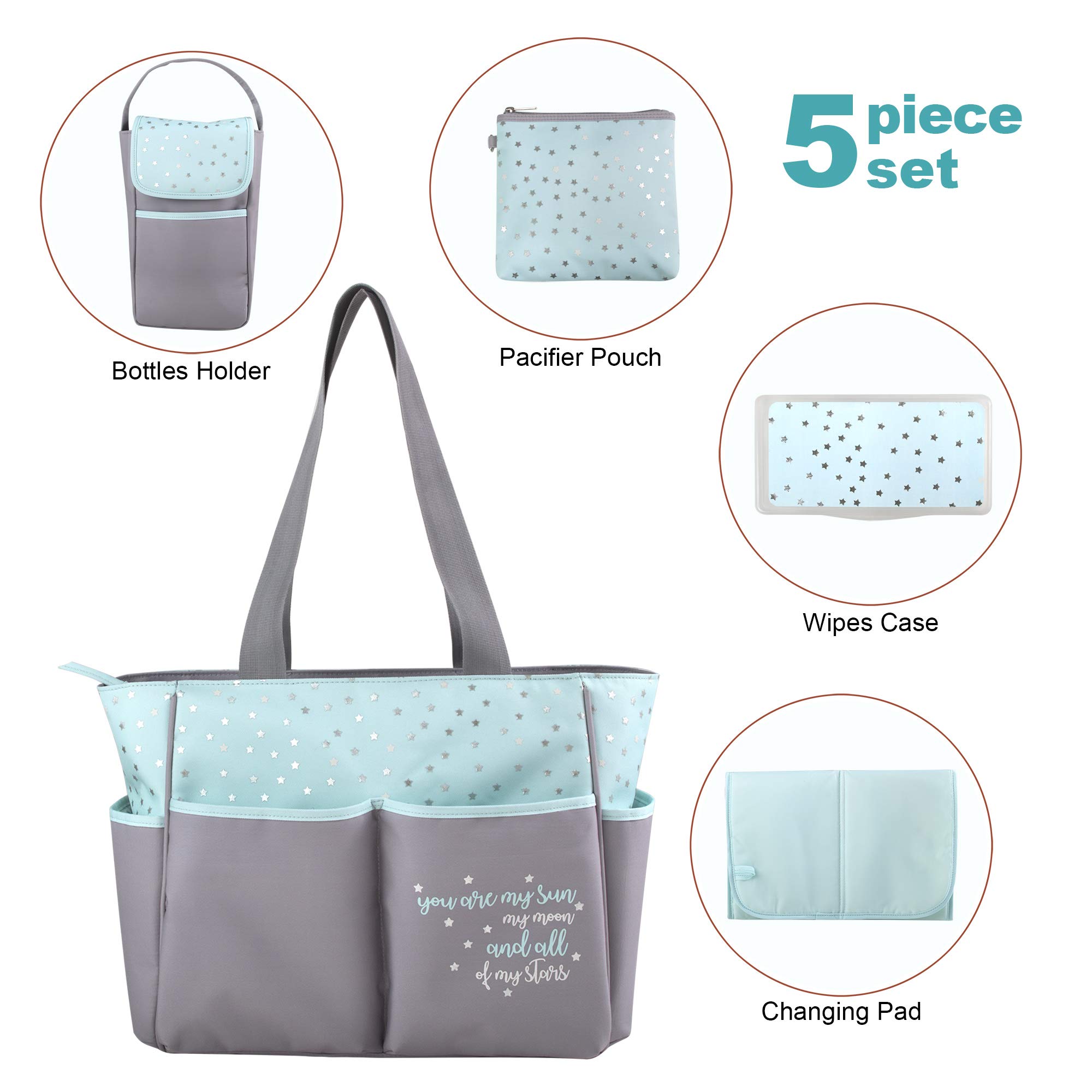 Baby Essentials Diaper Bag Tote 5 Piece Set with Sun, Moon, and Stars, Wipes Pocket, Dirty Diaper Pouch, Changing Pad (Grey/Pink)