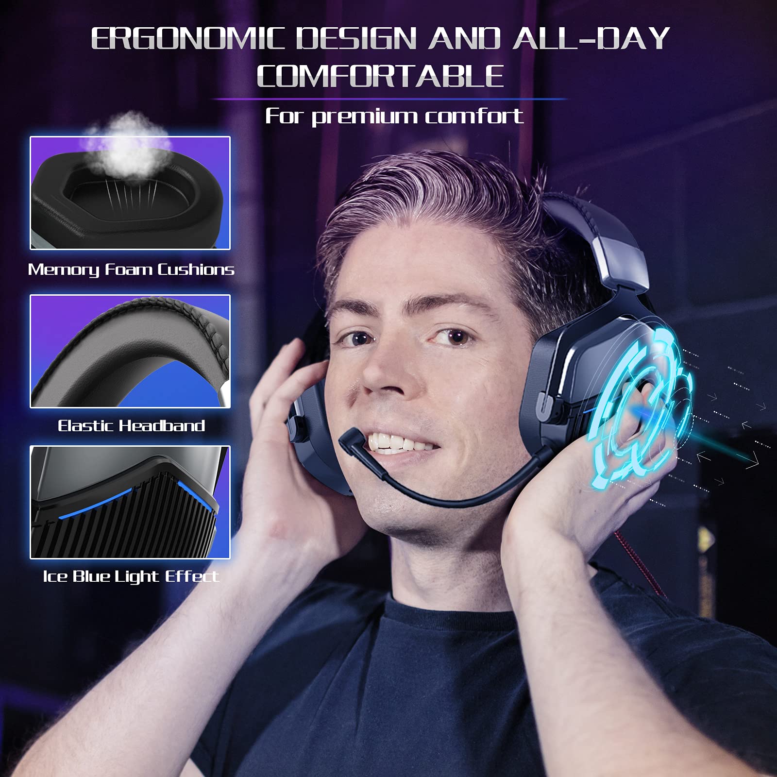 BEAVIIOO 5.8G Wireless Gaming Headset for PS4/PS5/PC/Switch, Stable Lossless Gaming Headphones, USB Dongle with Ultra Comfortable Immersive Air Ear Cushions and Noise Cancelling Microphone Black