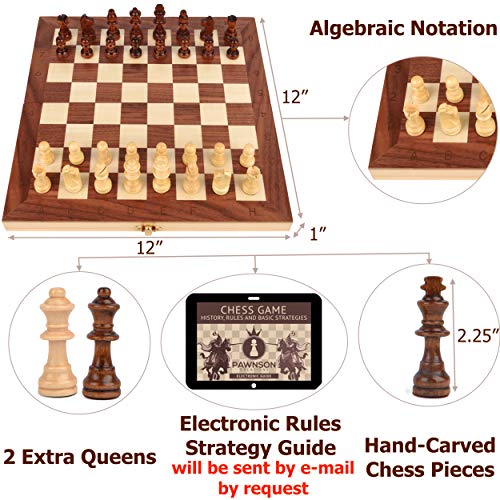 Magnetic Wooden Chess Checkers Set for Kids and Adults - 12 in Staunton Chess Set - Travel Portable Folding Chess Board Game Sets - Storage for Wood Pieces - 2 Extra Queens