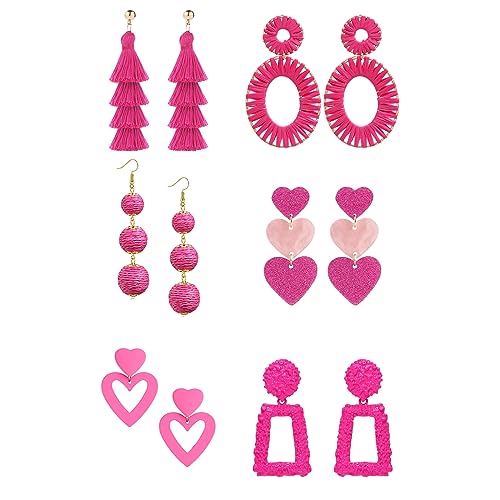 cnskoe Pink Earrings for Women Dangling Barbie Earings Dangle Heart Rectangle Dangle Tassel Lightweight Statement Jewelry （6 Pairs）