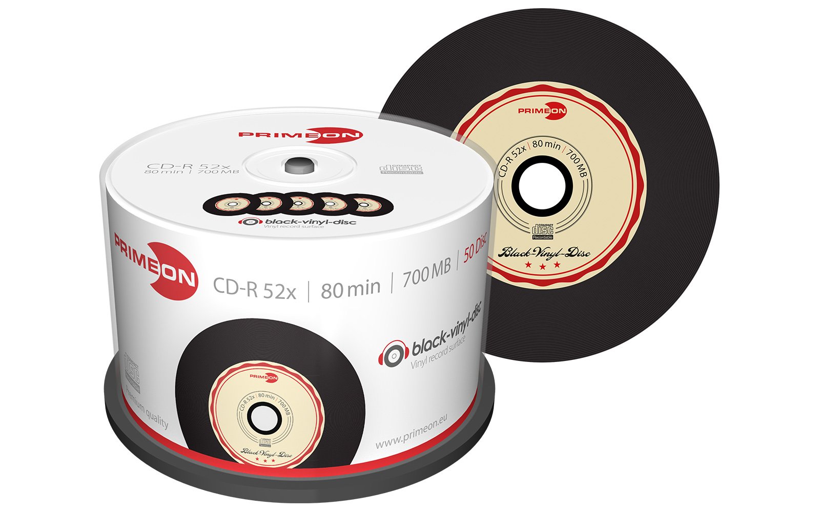 Primeon CD-R 80Min/700MB/52x Cakebox (50 Disc), 2761108 ((50 Disc) Black-Vinyl-disc Surface)