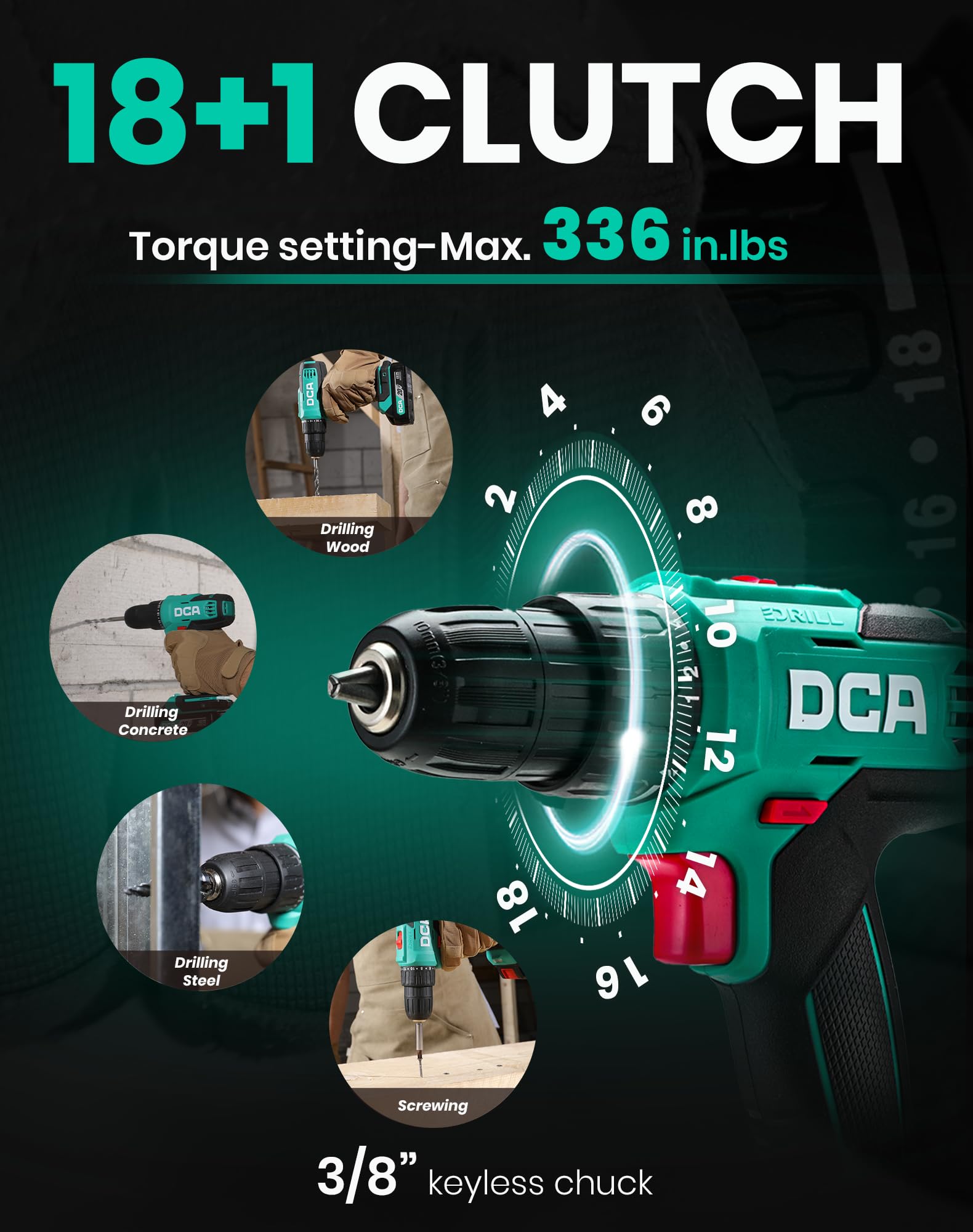 DCA Cordless Drill Set, 336 in-lbs Torque, 3/8" Keyless Chuck, Electric Power Drill with 2.0Ah Battery and Charger,18+1 Position,25-Piece 20V Drill Driver Kit, ADJZ2035