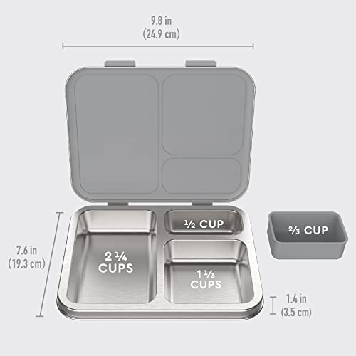 Bentgo® Kids Stainless Steel Leak-Resistant Lunch Box - Bento-Style Redesigned in 2022 w/Upgraded Latches, 3 Compartments, & Extra Container - Eco-Friendly, Dishwasher Safe, Patented Design (Silver)