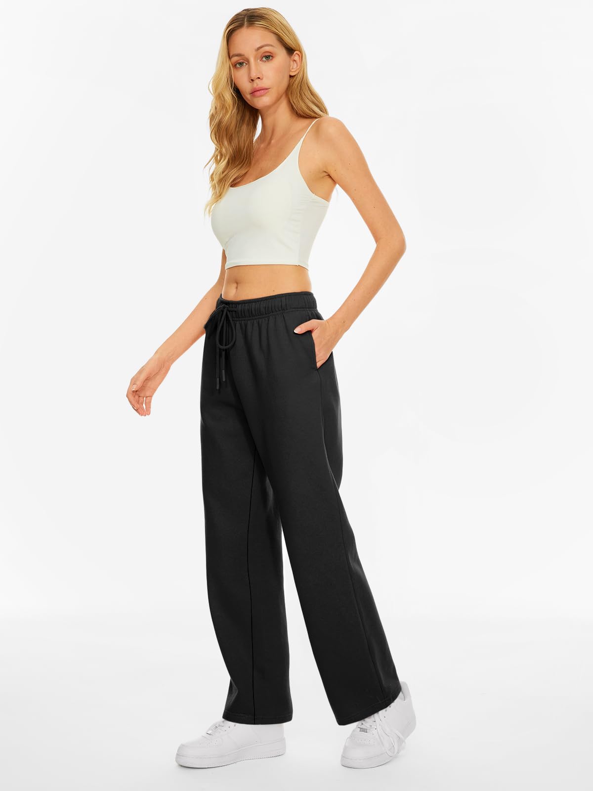 AUTOMET Women’s Trendy Sweatpants Fleece Lined Baggy Open Bottom Comfy Pants Drawstring Casual Sports Joggers Fall Outfits Black