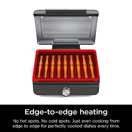 Ninja GR101 Sizzle Smokeless Indoor Grill & Griddle, 14'' Interchangeable Nonstick Grill and Griddle Plates, Dishwasher-Safe Removable Mesh Lid, 500F Max Heat, Even Edge-to-Edge Cooking, Grey/Silver