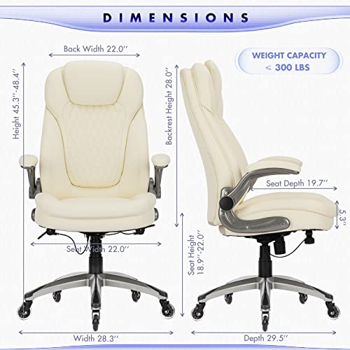 COLAMY 6686 High Back Executive Ergonomic Computer Desk Padded Flip-up Arms, Thick Bonded Soft Leather, Modern Office Chair with Upgraded Casters for Swivel Rolling (Ivory, 300lbs)