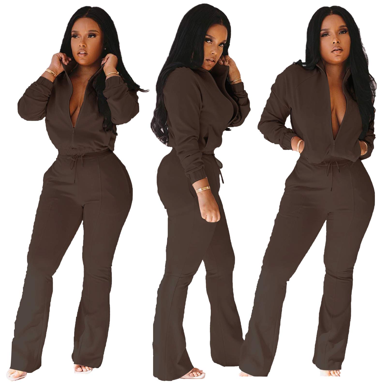 Bluewolfsea Tracksuit for Women Set - Two Piece Outfits Casual Long Sleeve Zip Top Sweatshirt + Bell Bottoms Jogging Sets XX-Large Brown
