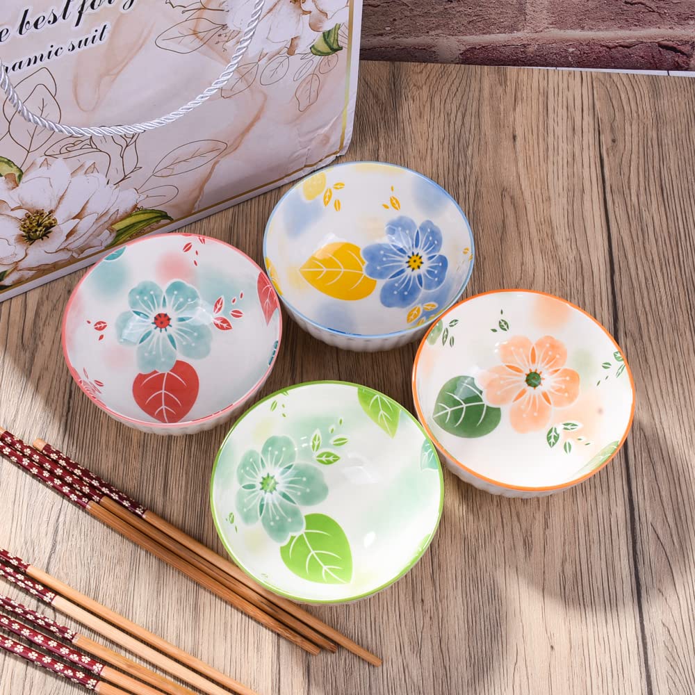 Ceramic Rice Bowl with Chopsticks Set of 4,A Good Gift for Friend and Family (LH)