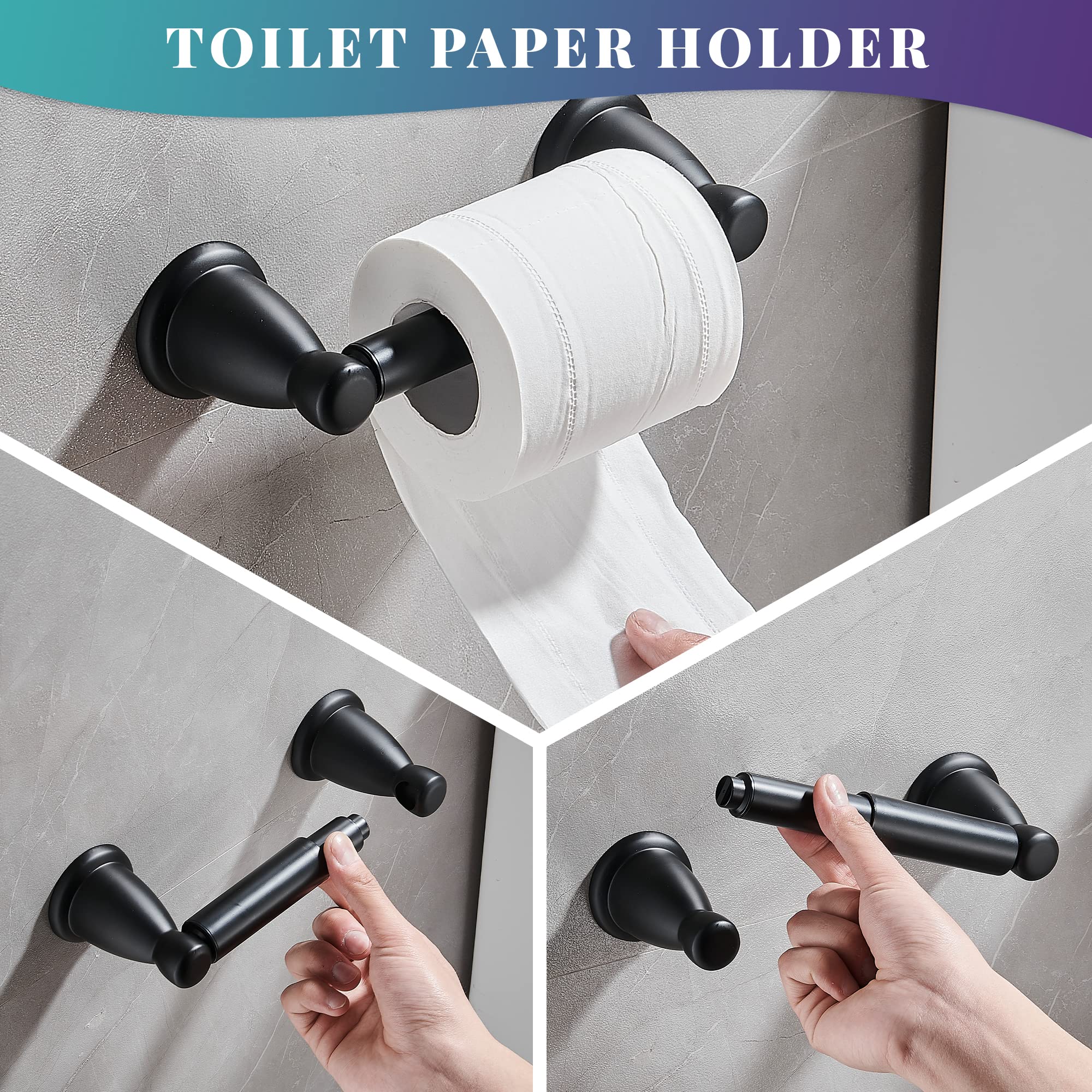Bathroom Hardware Set, Matte Black 23.6 Inches Adjustable Expandable Towel Bar 4-Piece Bathroom Accessory Set Wall Mounted Robe Hook Toilet Paper Holder Towel Ring Towel Bar