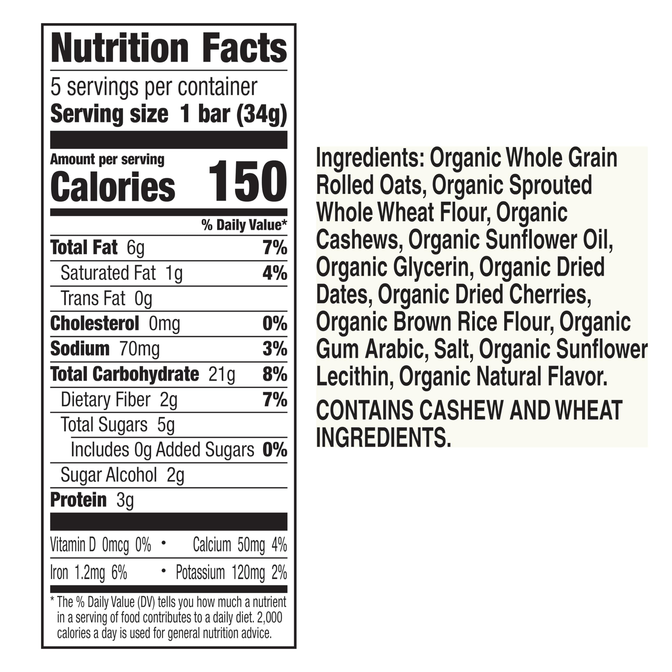 Cascadian Farm Organic Cherry Cashew Chewy Granola Bars, No Added Sugar, 6 oz, 5 Count