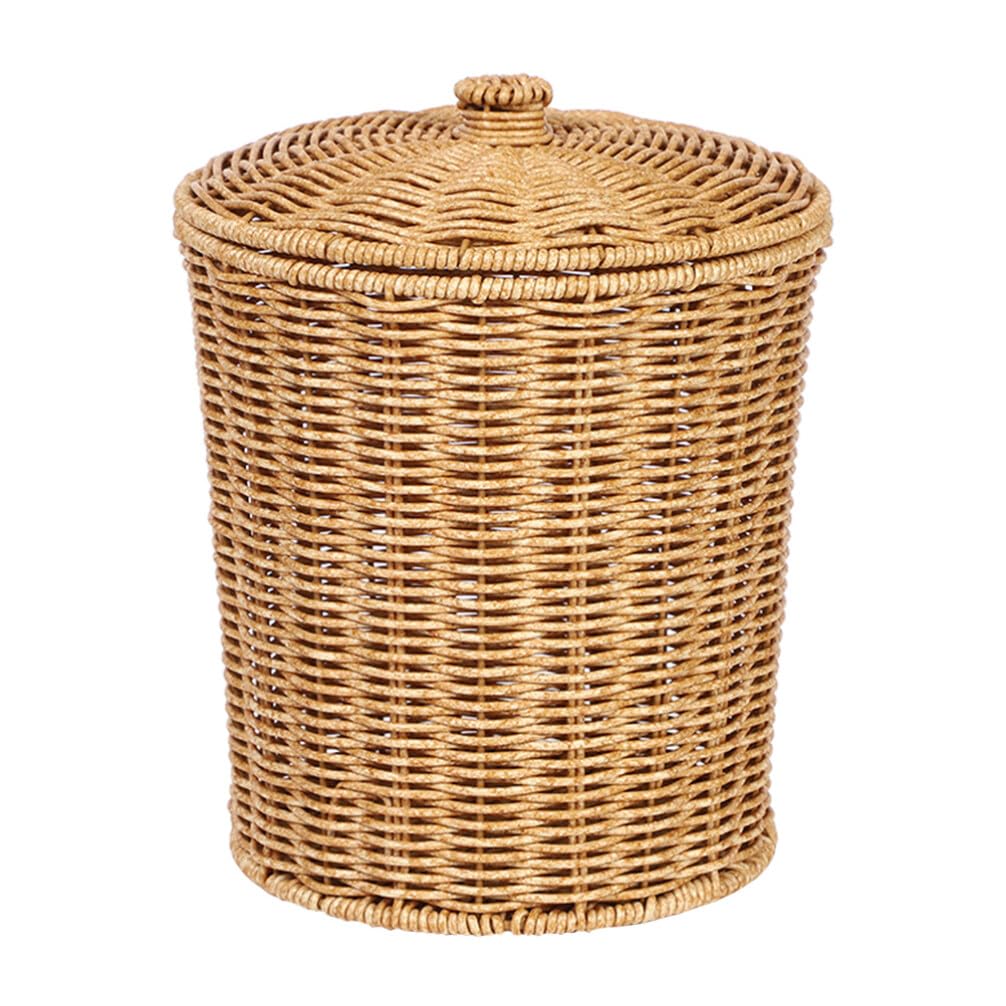 Cabilock Rattan Round Waste Basket with Lid Woven Trash Can Wastebasket Garbage Container Bins Flower Plant Pot Laundry Baskets for Bathroom Kitchen Office Living Room Home Decor