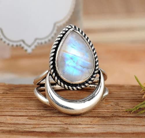 Awmnjtmgpw 925 Sterling Silver Rainbow Moonstone moon women's Retro ring creative tear shaped water drop crescent punk ring size 6-10 (size 6)