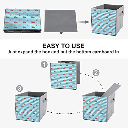 Cherries Pattern with Blue Stripes Storage Bins Cubes Foldable Fabric Organizers with Handles Clothes Bag Book Box Toys Basket for Shelves Closet 10.6"