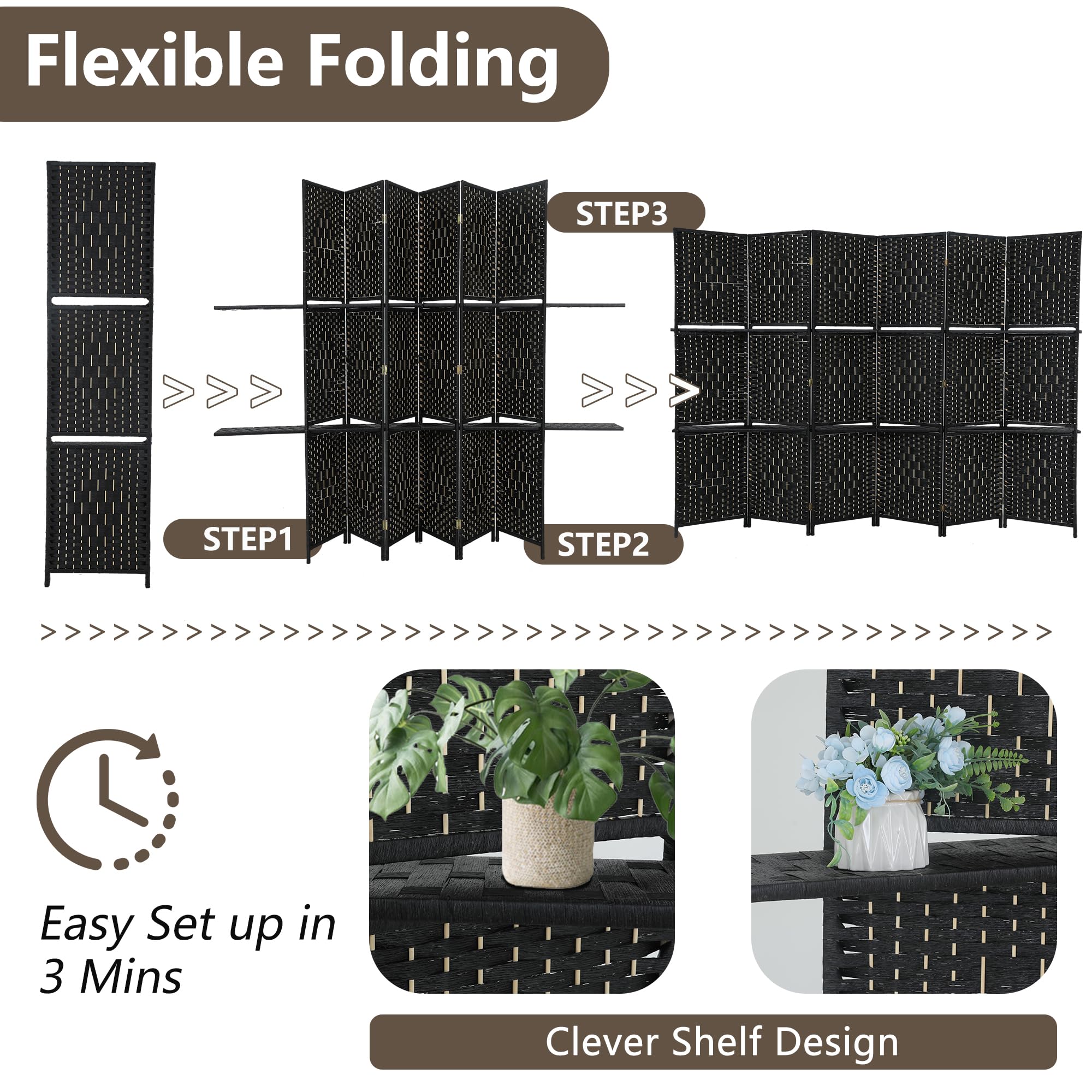 Room divider 6 panel room screen divider wooden screen folding portable partition screen wood with removable storage shelves colour,Black