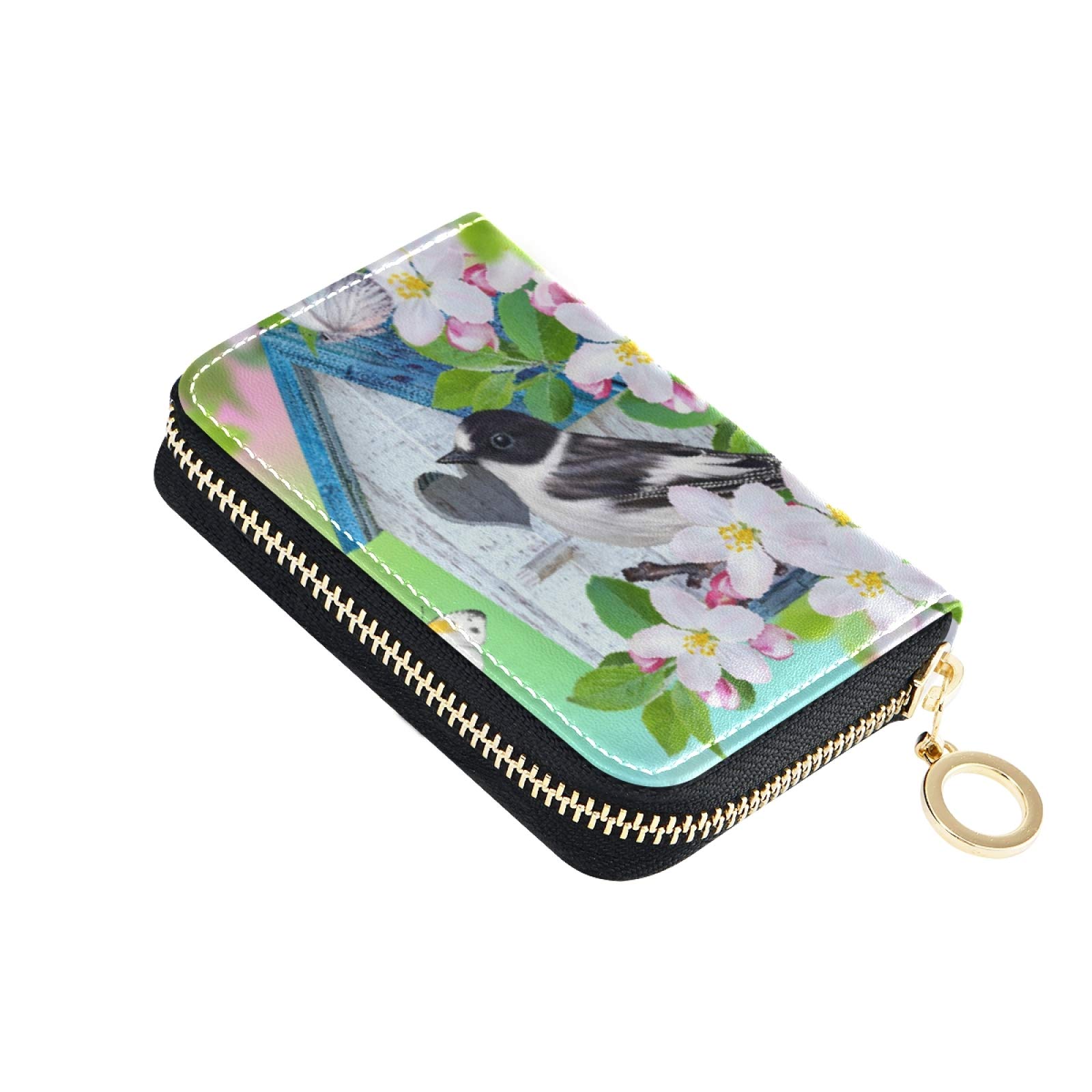 susiyo Spring Bird Flower Birdhouse Credit Card Wallet, RFID Blocking Compact Women Leather Card Holder Zipper Purse
