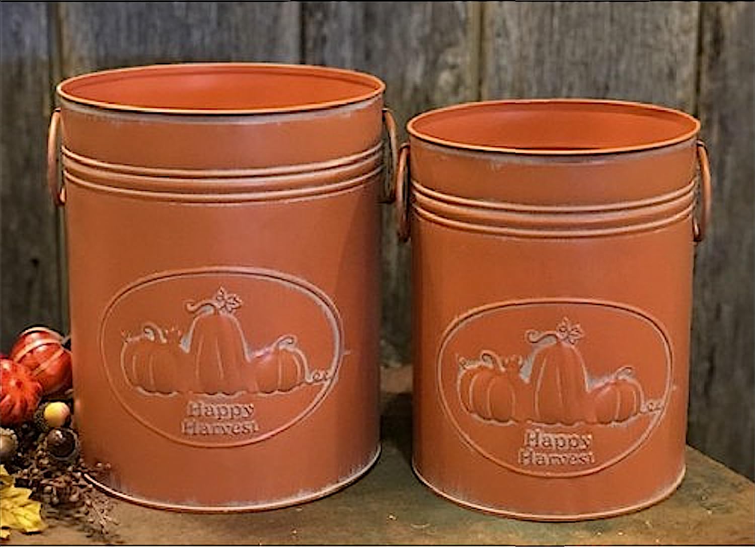 DNS Happy Harvest Buckets Large Metal Galvanized Burnt Orange Pumpkin Theme Containers Thanksgiving Fall Decorative Organizer (Set of 2) 9.2" & 8.8"