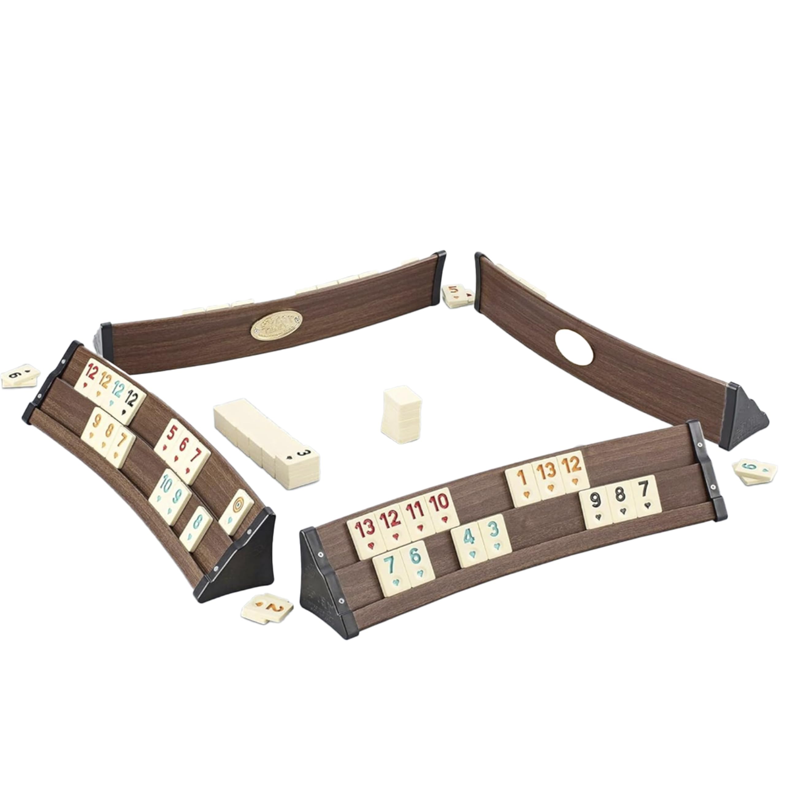 LaModaHome Premium Curved Rummy, Okey, 101 Game Set, Portable Bag, Unscratchable Tiles and Racks, Outdoor and Indoor Game for Family & Friends, Classic Travel Tabletop Fun - Brown