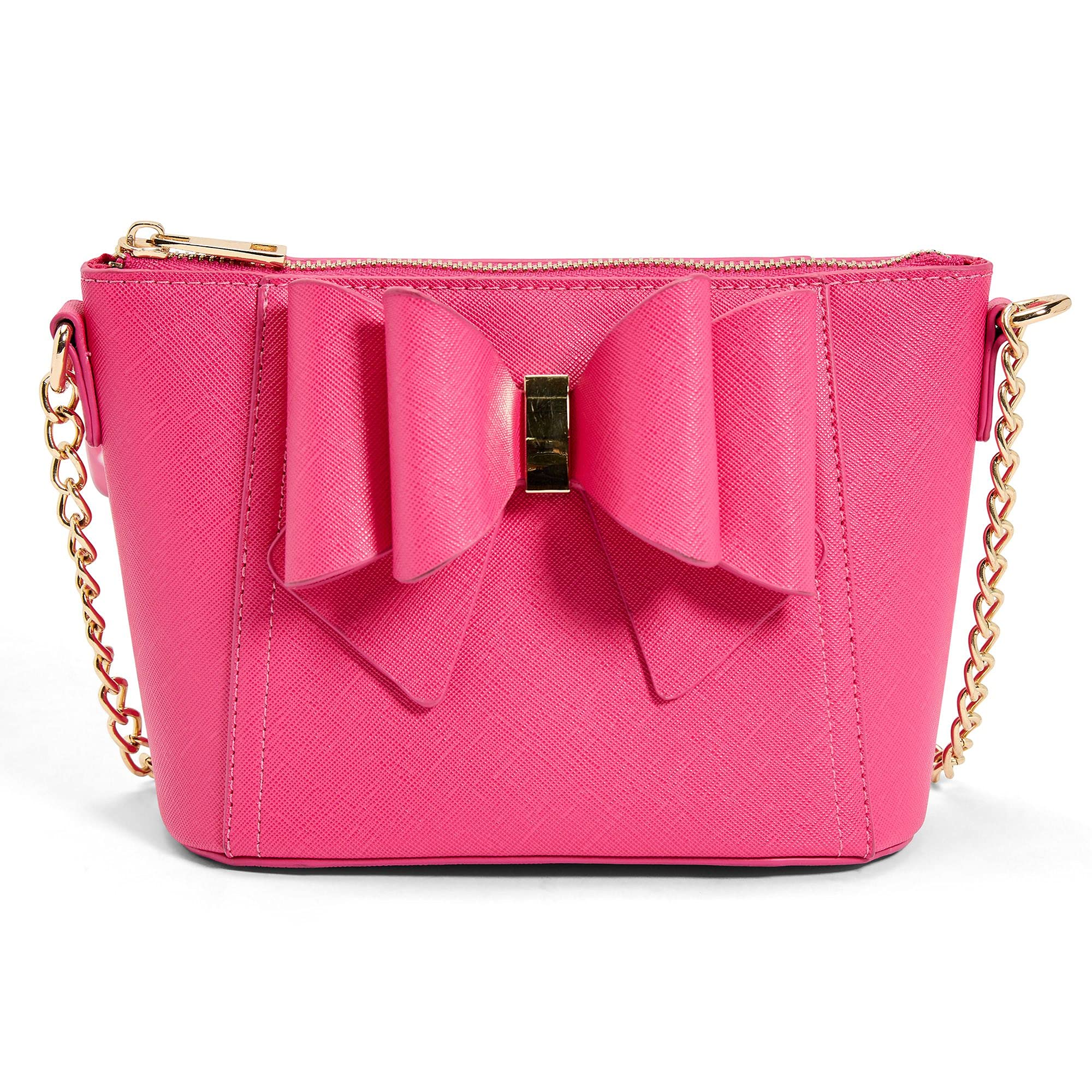 Like Dreams Womens Small Crossbody Vegan Leather Bowtie Fashion Gold Chain Handbag Purse (Fuchsia)