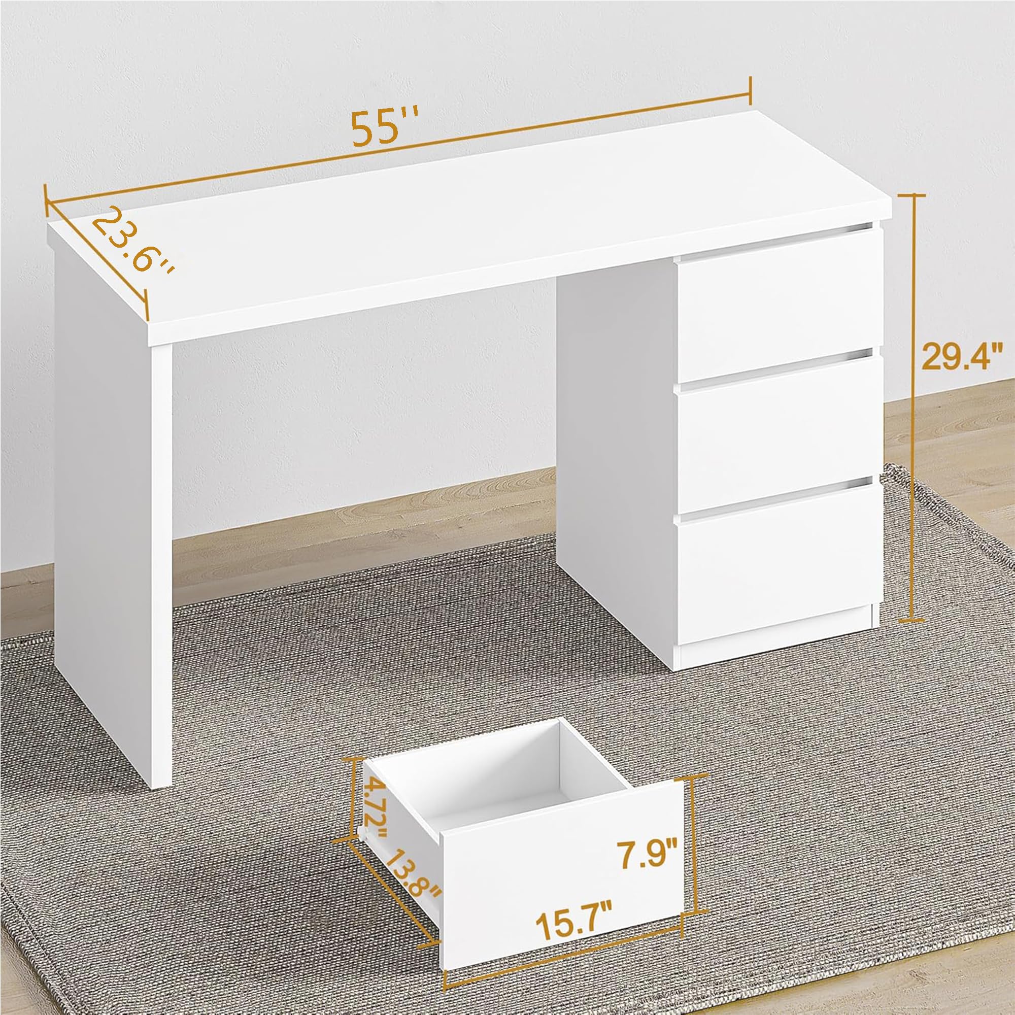 furtble White Desk with Drawers, 53'' W Home Office Computer Desk Gaming Table, Modern Vanity Desk with Storage, Wood Writing Workstation for Bedroom, Living Room