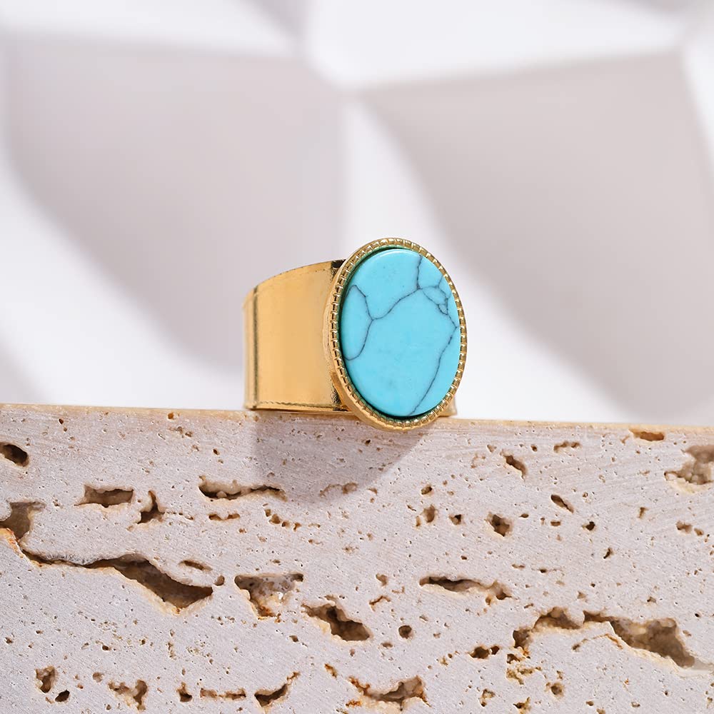 BLAVETI Stainless Steel Green Natural Turquoise Opening Ring,Statement Golden 18 K Plated Ring,for Jewelry Adjustable for Women Men Gift