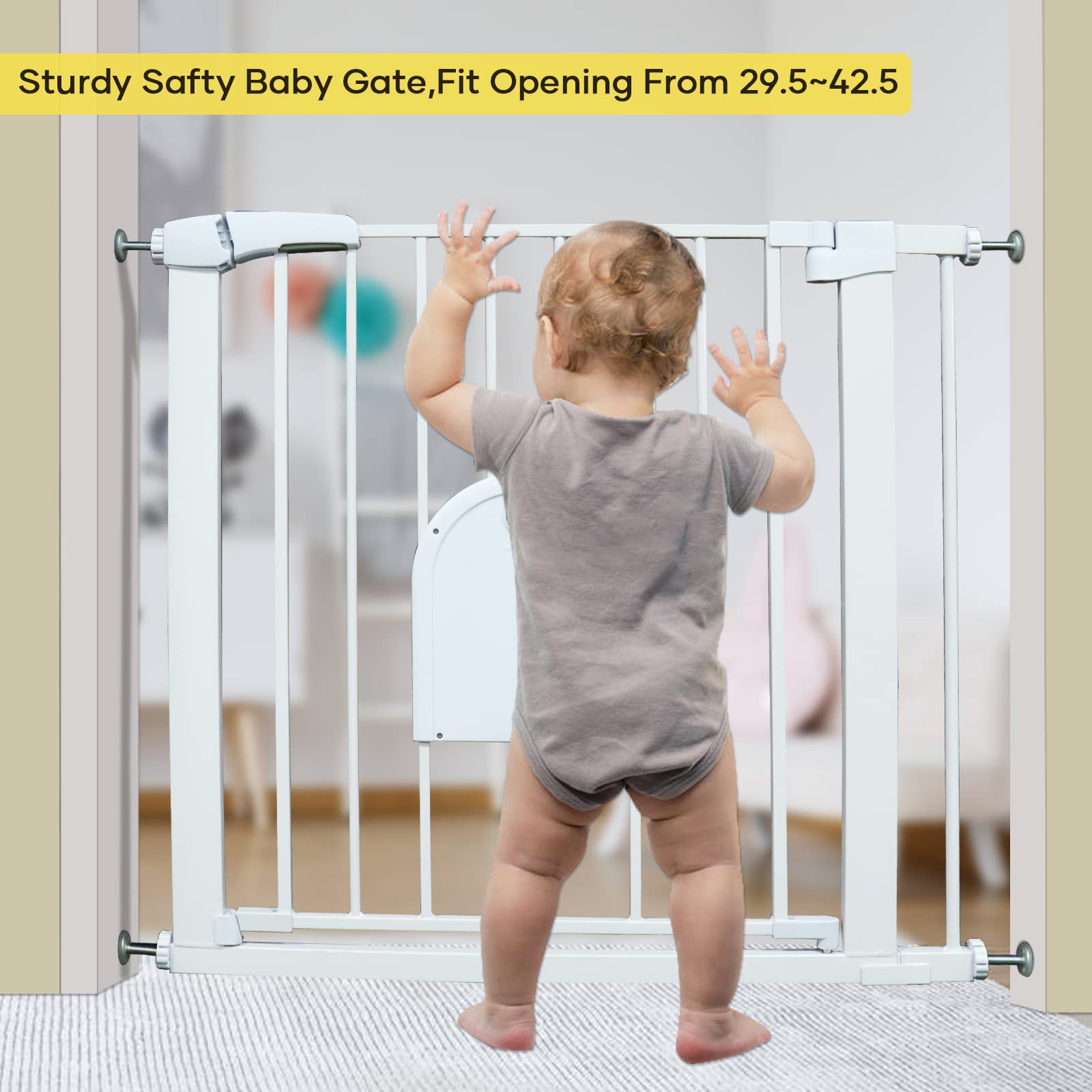 Baby Gate with Cat Door,42.5"-29.5" Auto Close Safty Dog Gate with Cat Door- Pressure Mounted Baby Gate for Doorway Stairs (Fits 29.5-42.5" Width)