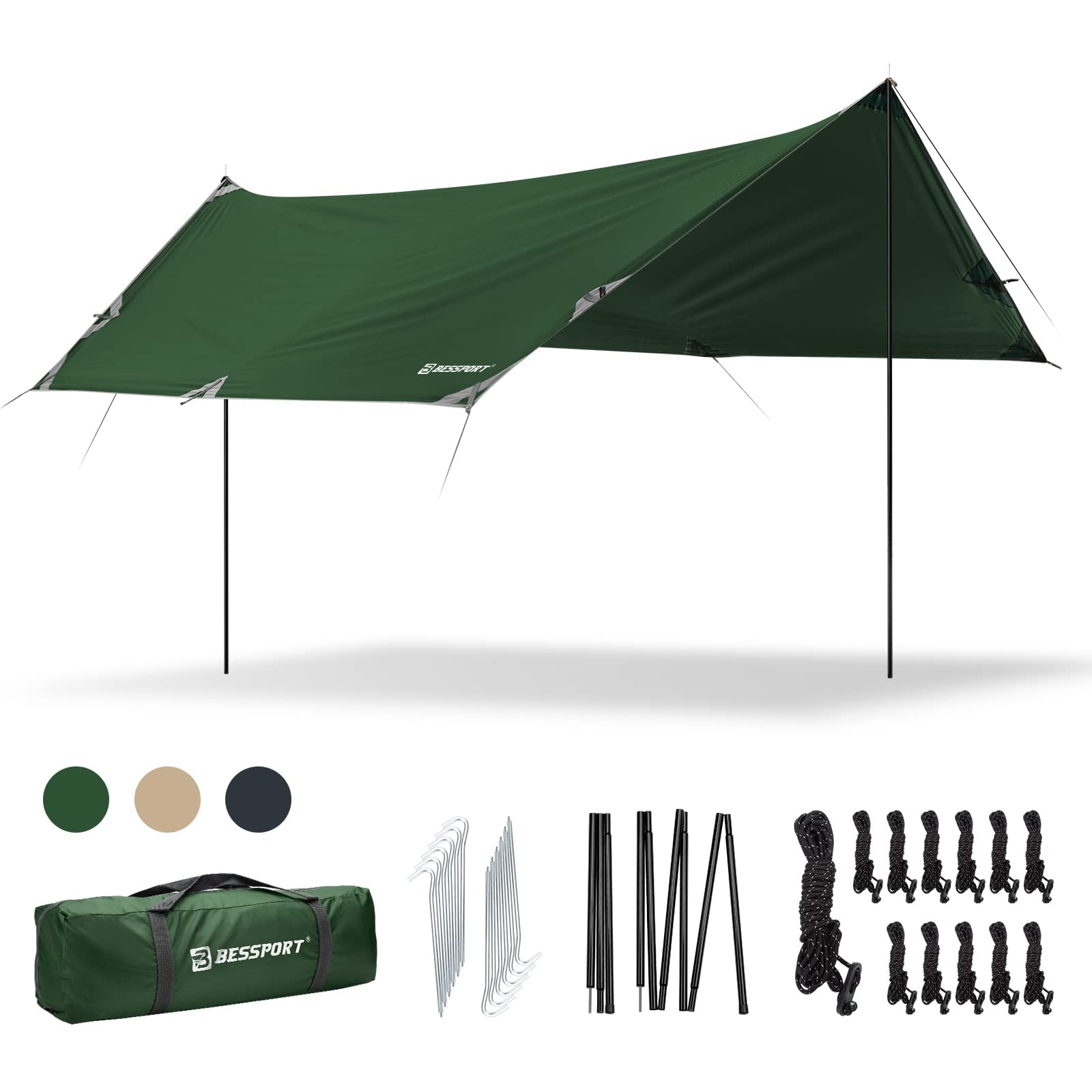 Bessport Tent Tarp Hammock Rain Fly Waterproof PU 3000mm-UV Protection, Lightweight Ripstop Fabric Camping Gear Essential Shelter Canopy- Fast Set Up (10 x 10ft Square Shape)