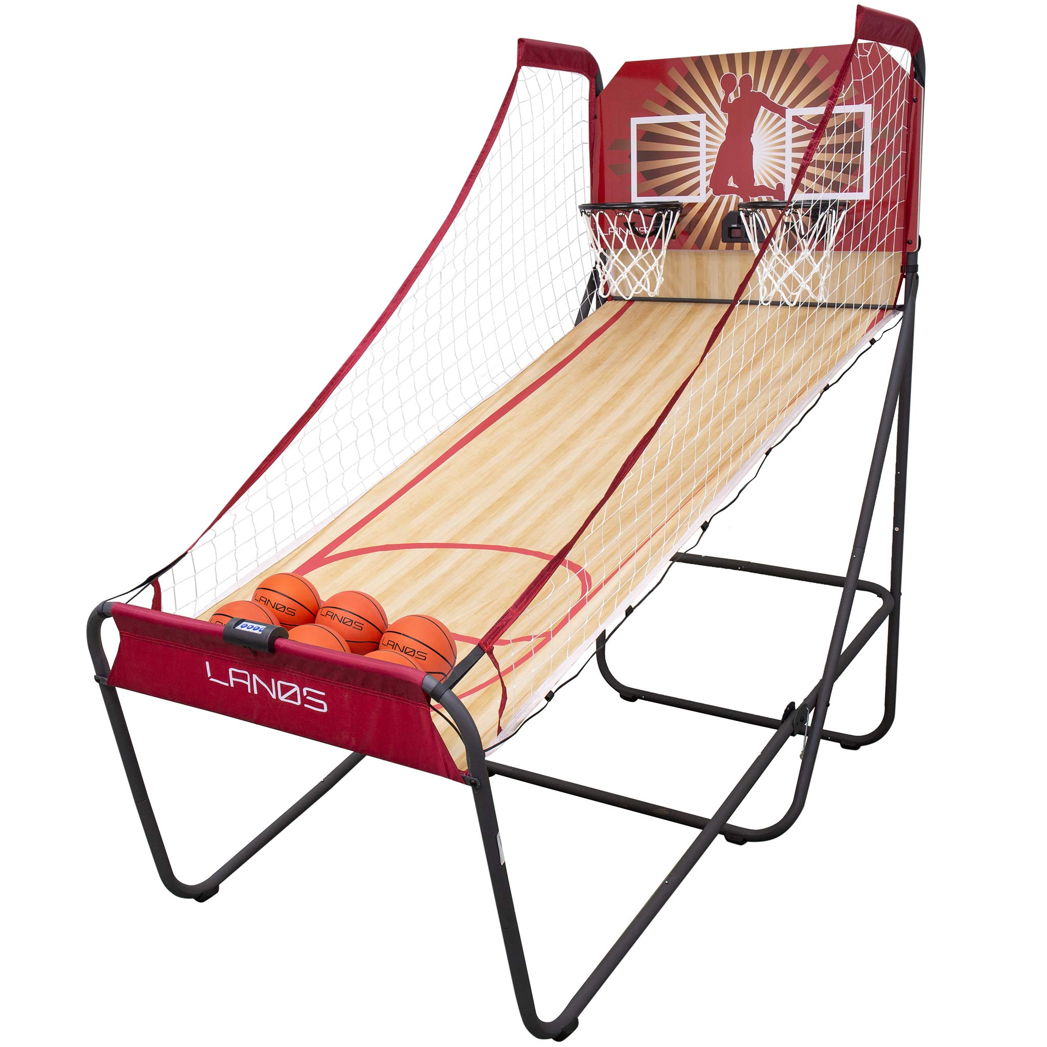 Lanos Basketball Arcade Game, Double Electronic Hoop Shot, 2 Player or 1 Player, with 6 Basketballs - Indoor Basketball with 8 Game Modes - Premium Arcade Games for Home