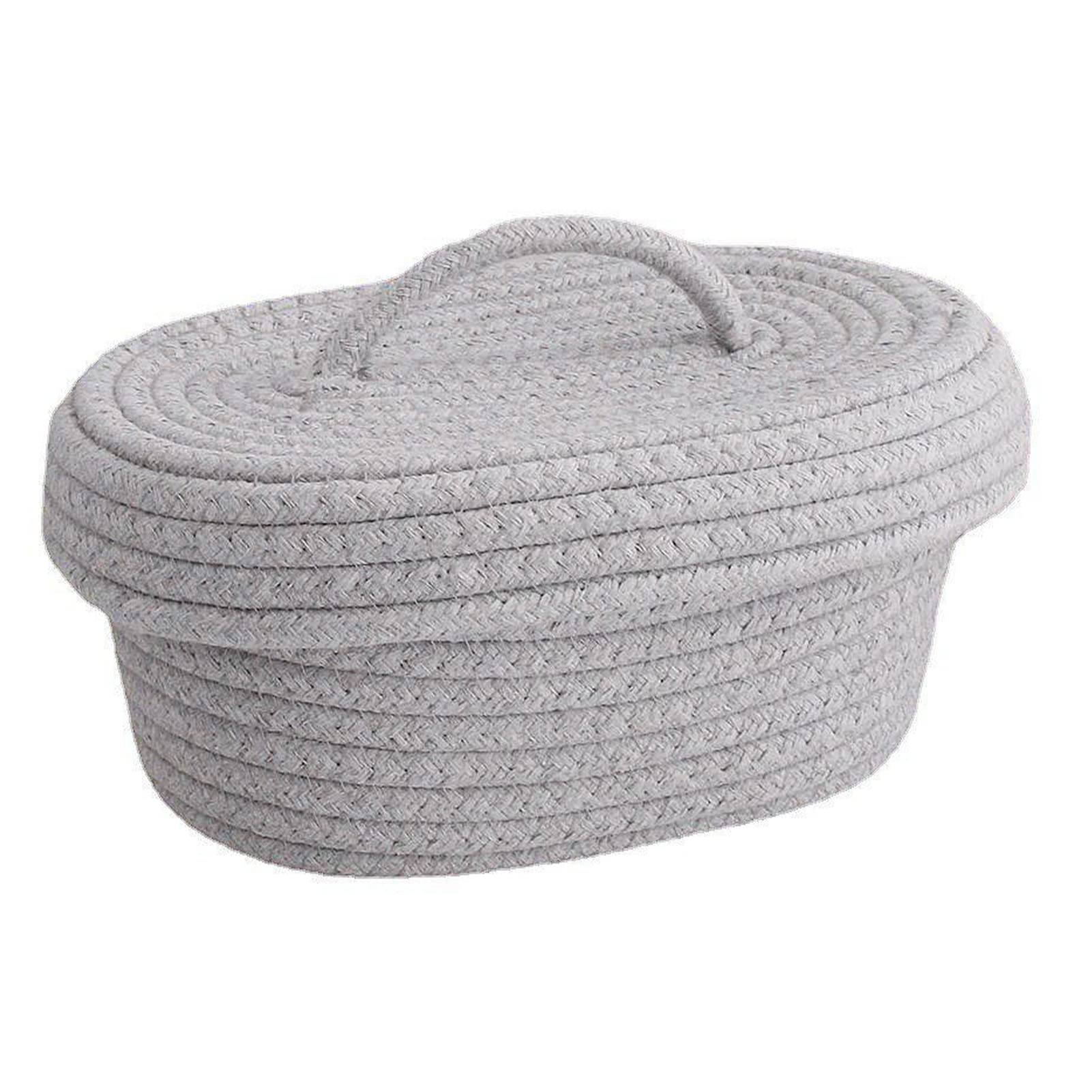Cotton Rope Storage Basket with Lid,Desktop Storage Box,Multifunctional Handmade Oval Woven Basket,Sundries Storage Basket,Lidded Woven Storage Bin for Makeup Sundries Snack Needles(Grey)