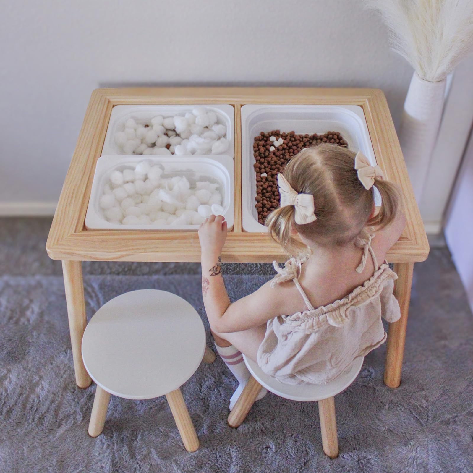 Beright Kids Table and Chair Set, Indoor Sensory Table with 2 Chairs and 3 Storage Bins, Play Sand Water Table for Toddlers, Wooden Activity Table, for Birthday, Christmas