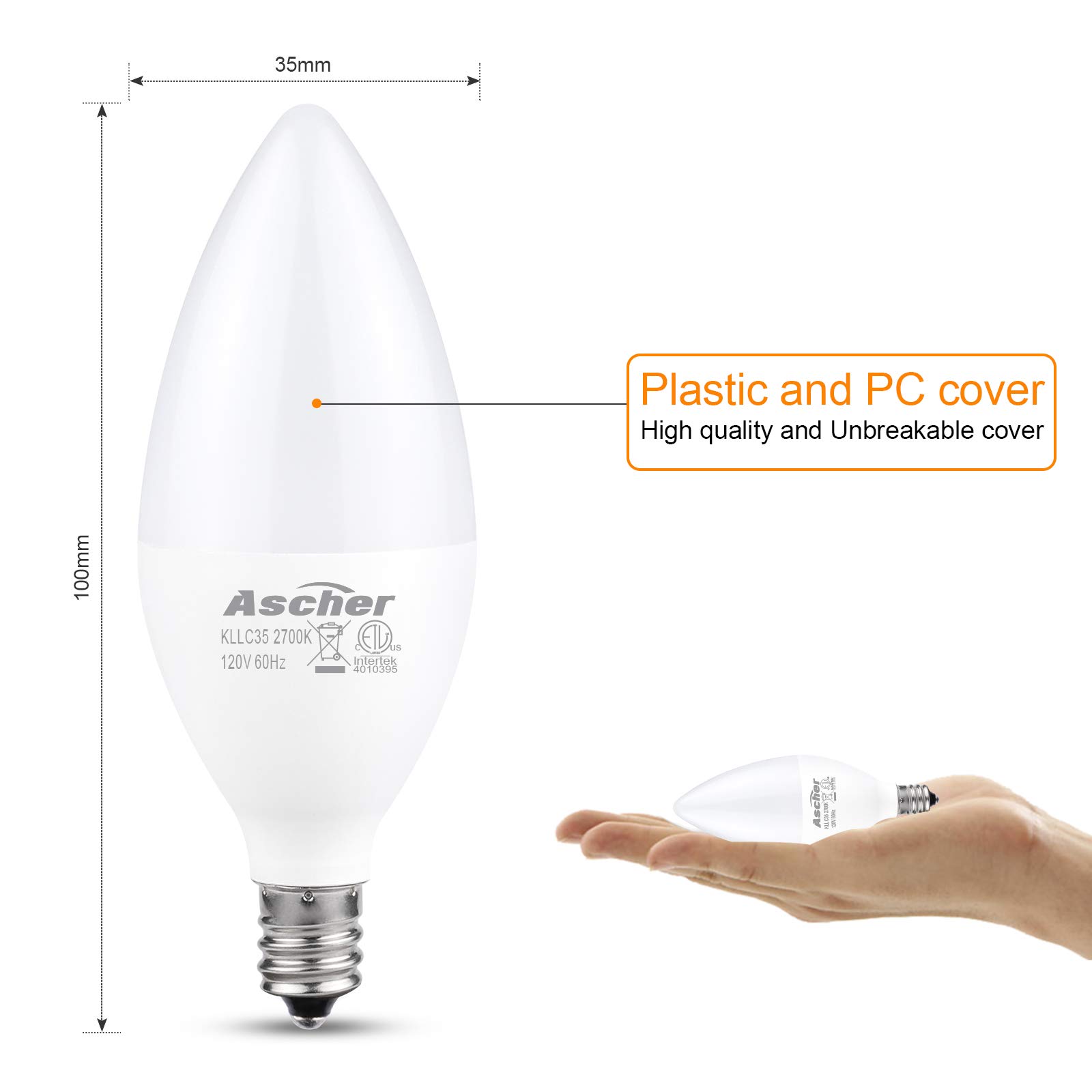 Ascher Classic E12 LED Candelabra Light Bulbs, Equivalent 60W, 550 Lumens, Warm White 2700K, Chandelier Bulb, Non-dimmable, Candelabra Base, Pack of 10