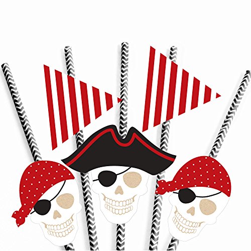 Beware of Pirates Paper Straw Decor - Pirate Birthday Party Striped Decorative Straws - Set of 24