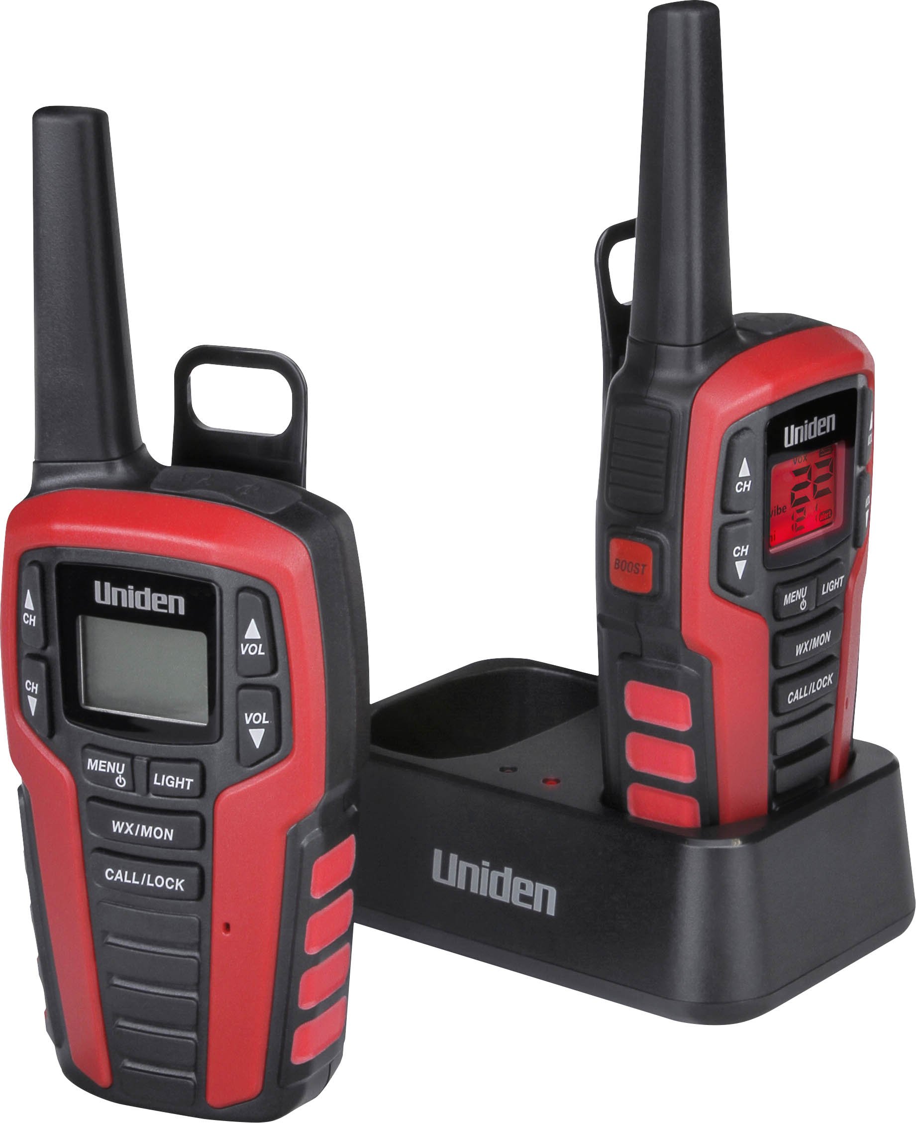 Uniden SX327-2CKHS Up to 32-Mile Range FRS Two-Way Radio Walkie Talkies, Dual Charging Cradle & 2 Headsets, Water Resistant, 22 Channels, 121 Privacy Codes, NOAA Weather + Alert, LED Flashlight