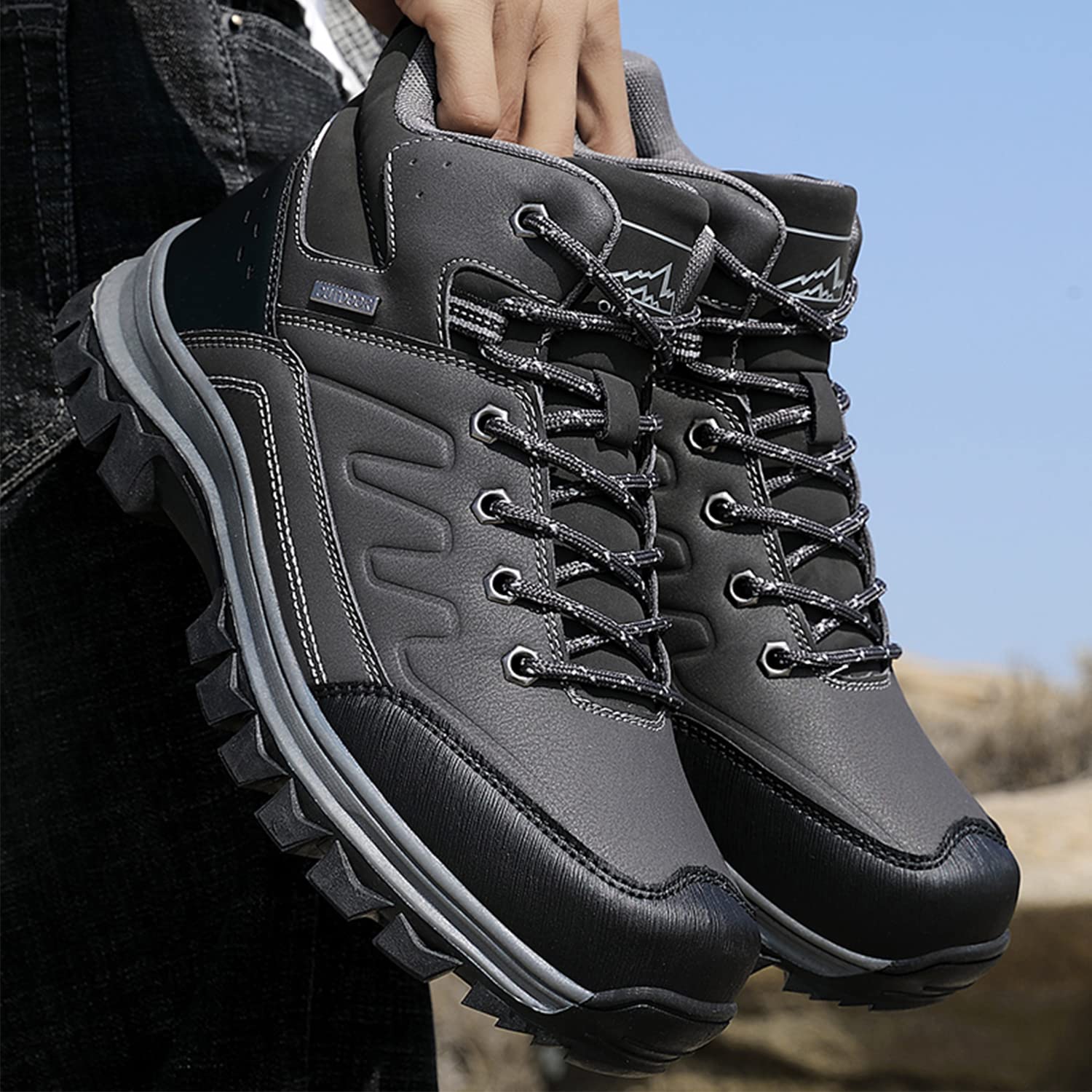 AX BOXING Mens Boots Winter Snow Boots Anti-Slip Hiking Shoes for Outdoor(Gray, Size_9 Point 5)