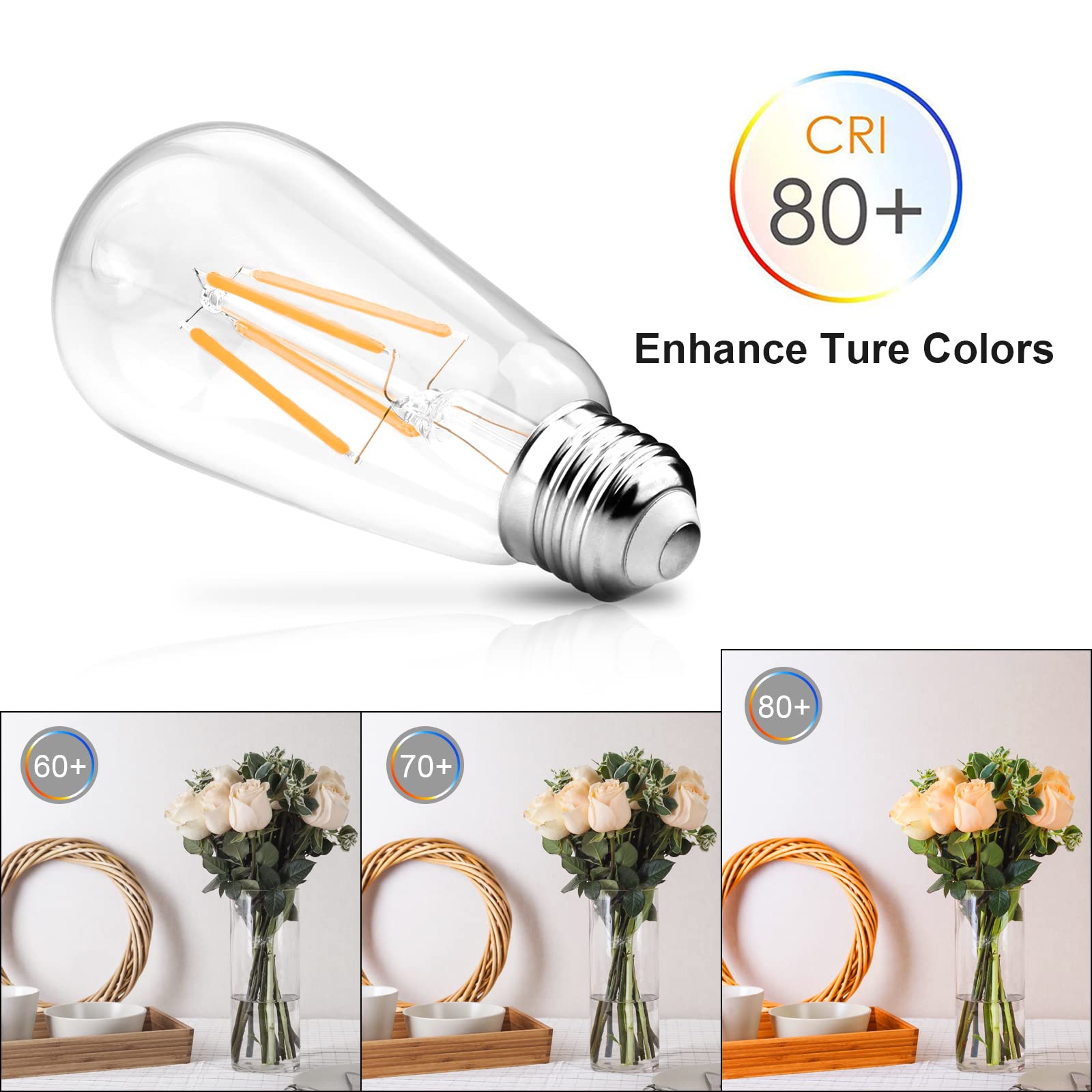 Ascher Dimmable Vintage LED Edison Bulbs, 6W, Equivalent 60W, High Brightness Warm White 2700K, 80+ CRI, ST58 Antique LED Filament Bulbs, E26 Medium Base, Clear Glass, 12 Pack, 12 Count (Pack of 1)