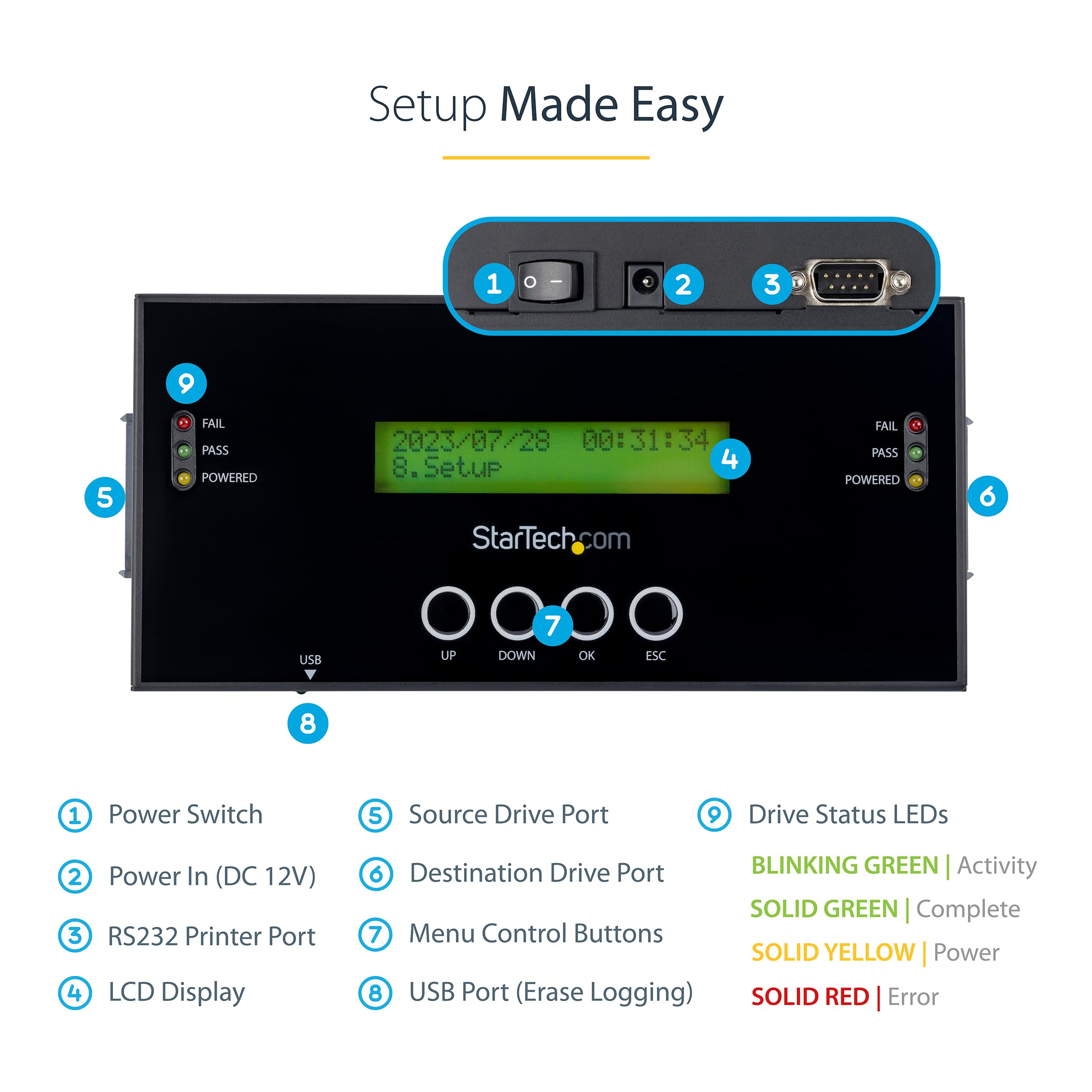StarTech.com 1:1 Standalone Hard Drive Duplicator and Eraser, SAS/SATA HDD/SSD Cloner/Copier, Hard Drive Duplicator/Sanitizer, Harddisk/Harddrive Wiper, LCD, Toolless, TAA Compliant (SATSASDUPE11)