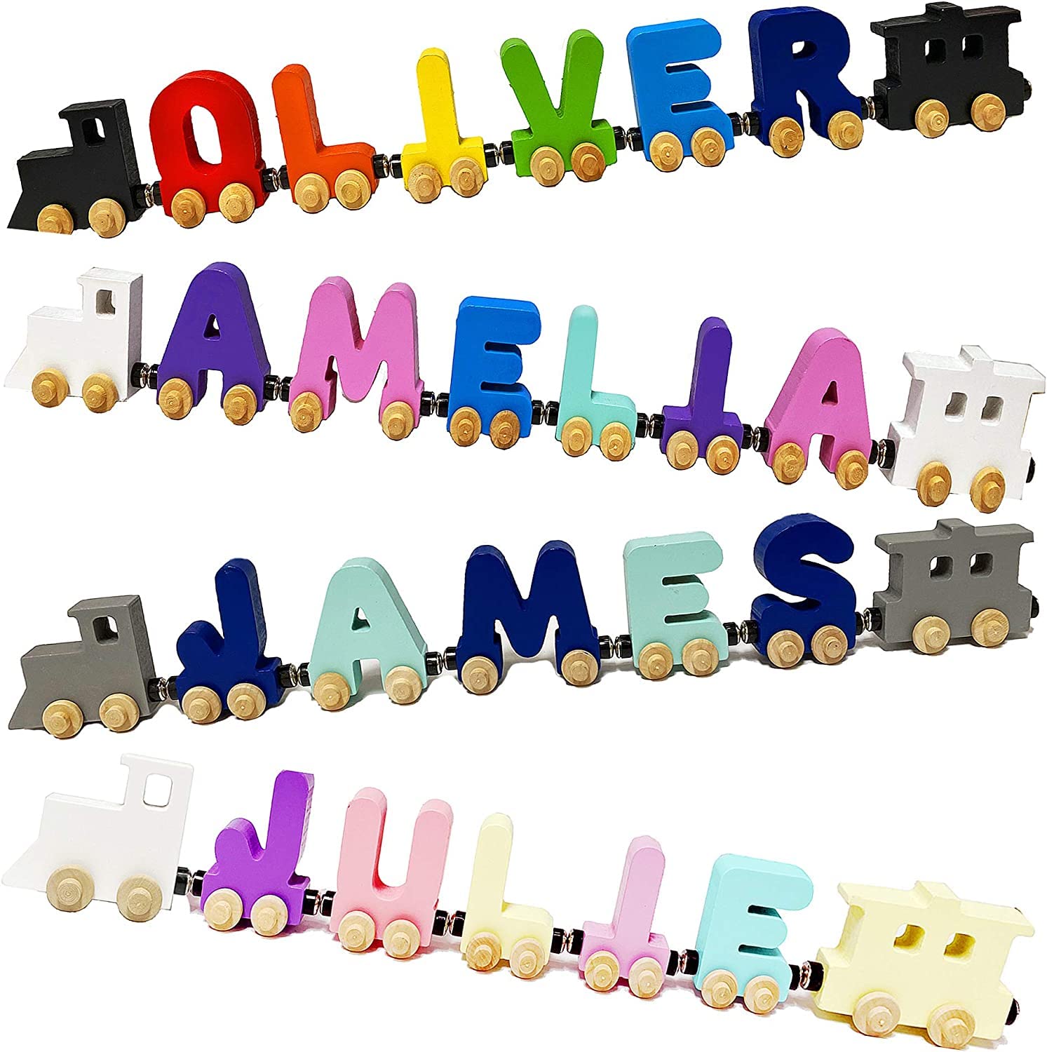 Large Handmade Name Wooden Trains Alphabet Puzzle Name Letters Educational Toys for Kids