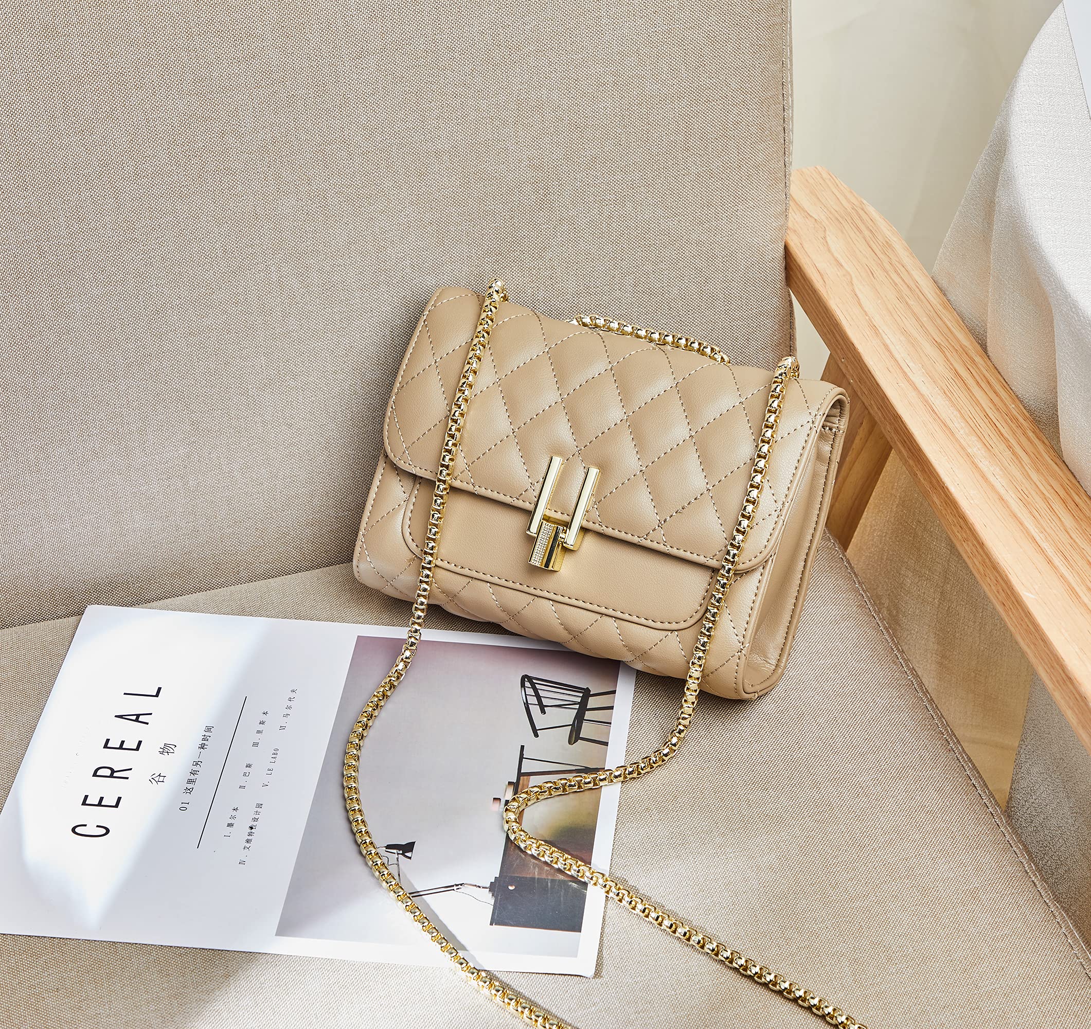 Plergi Small Genuine Leather Crossbody Quilted Flap Handbag with Chain Strap for Women Lightweight Cellphone Bag
