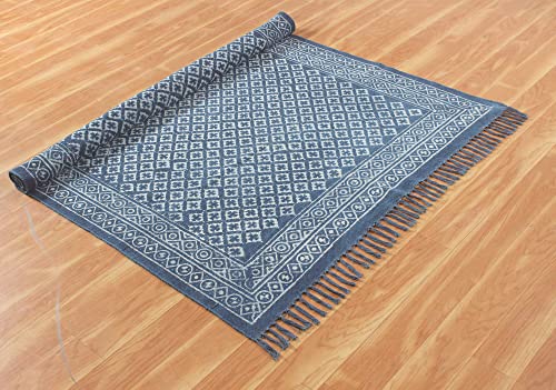 Indigo Blue Rug for Bathroom Handmade Cotton Durries Boho Kilim Rug Flat Weave Indoor Floor Decorative Rugs for Balcony Lounge Floor Bedroom Balcony