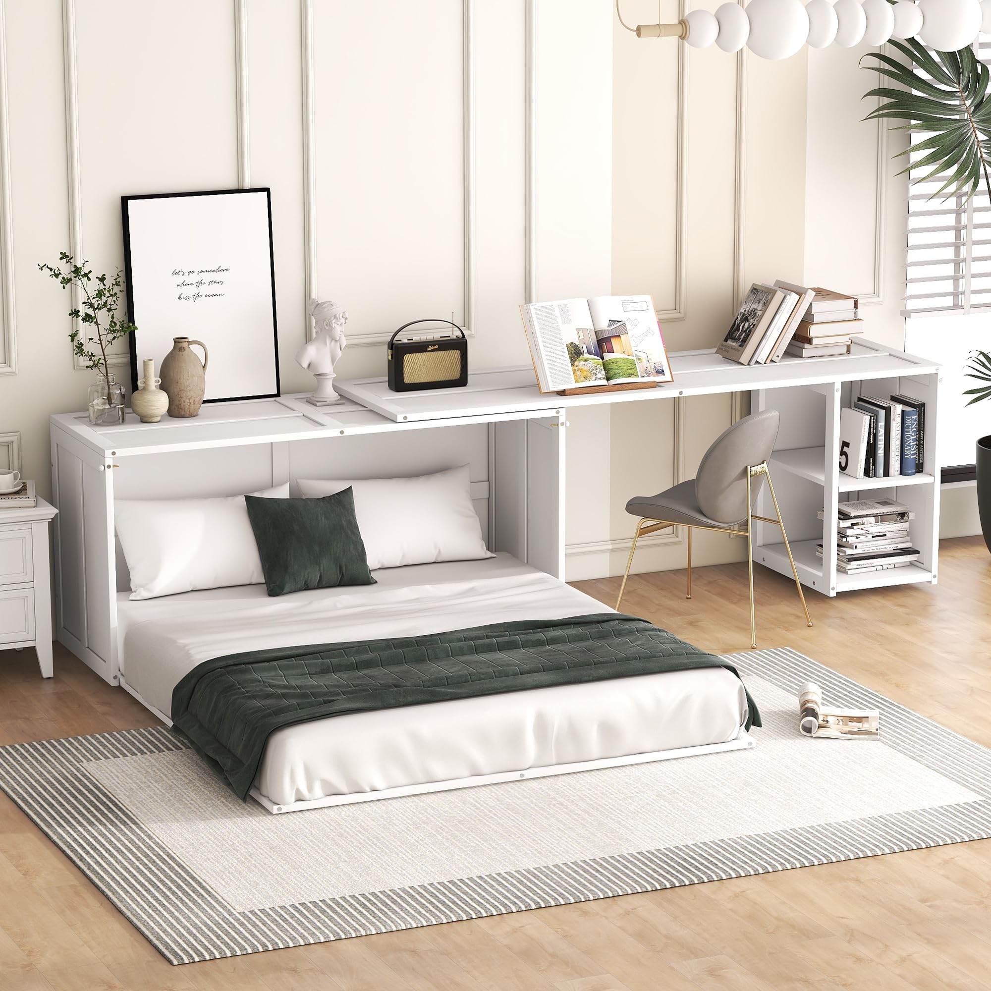 BEDGJH Queen Bed Frame with Rotable Desk, Space-Saving Murphy Bed with Side Shelves for Multipurpose Guest Room or Home Office (White)