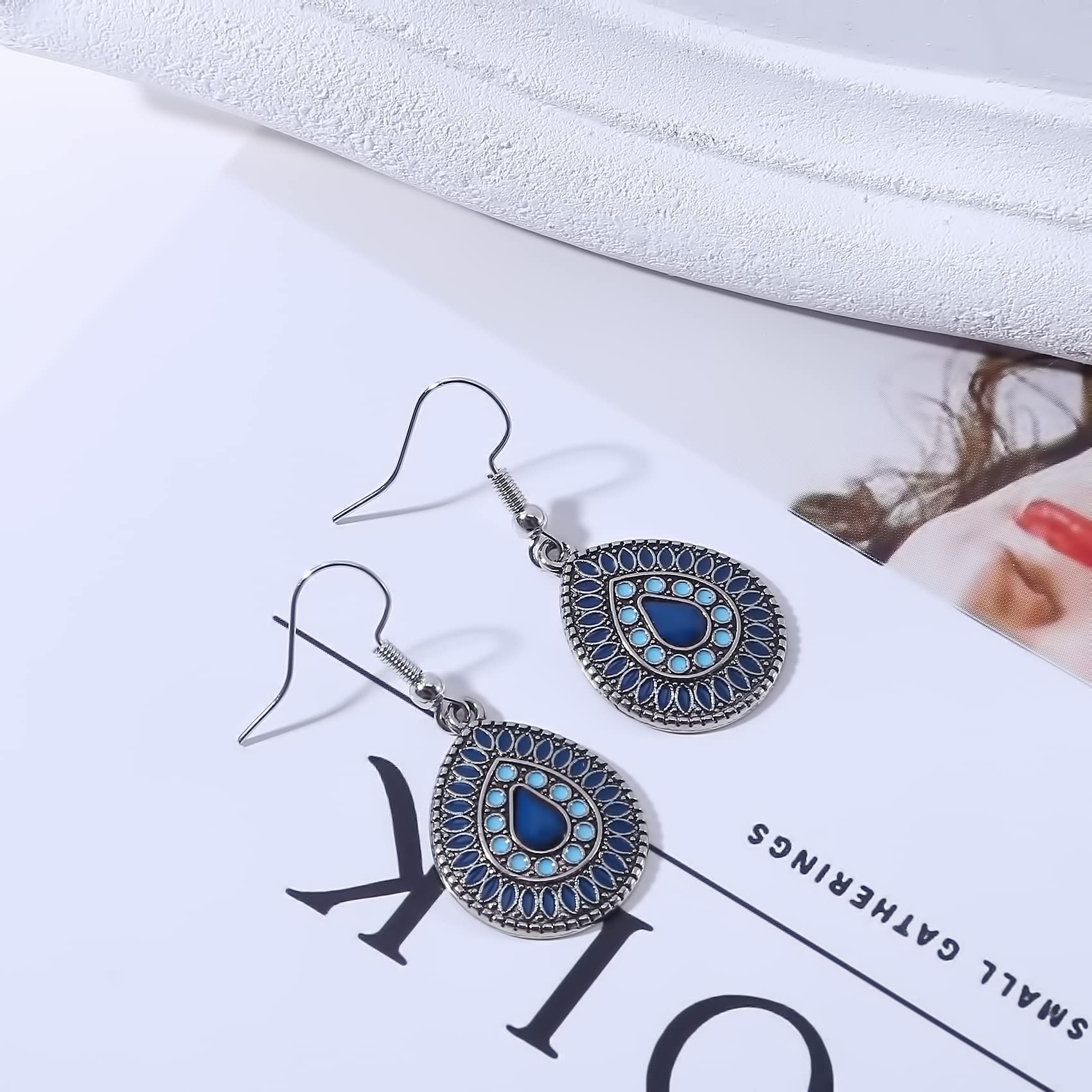 Bayetss Vintage Drop Dangle Earrings Ethnic Enamel Hook Earring Unique Statement Earrings Accessories for Women,Navy blue