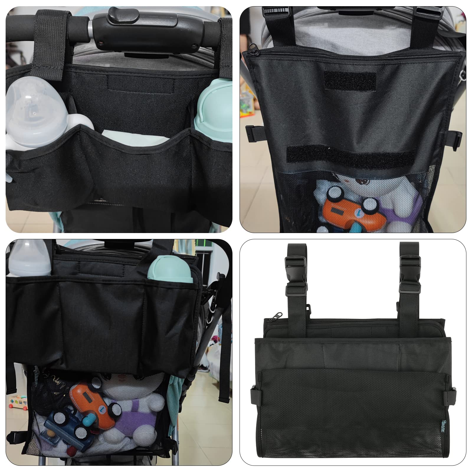 Beautyflier Mesh Stroller Organizer with Extra Large Storage, Universal Stroller Caddy Baby Cup Holders Diaper Storage Accessories Compact Design Fit Any Strollers, Black