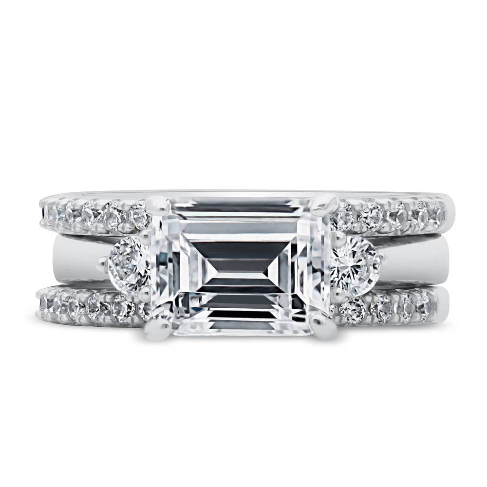 BERRICLE Sterling Silver 3-Stone Wedding Engagement Rings Emerald Cut Cubic Zirconia CZ East-West Ring Set for Women, Rhodium Plated Size 5.5